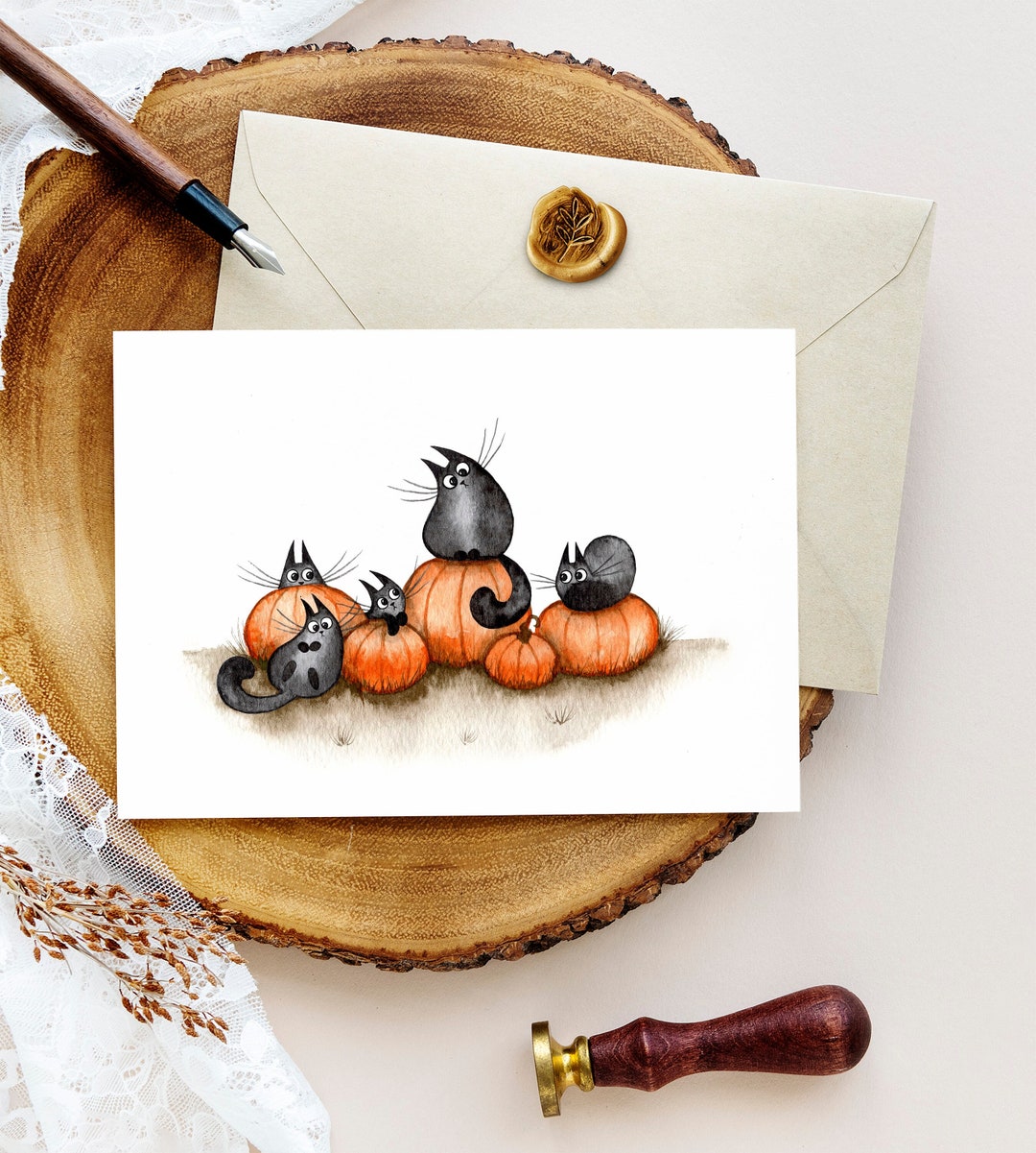 Halloween Black Cats, Cute Halloween Card, Watercolor Printable ...