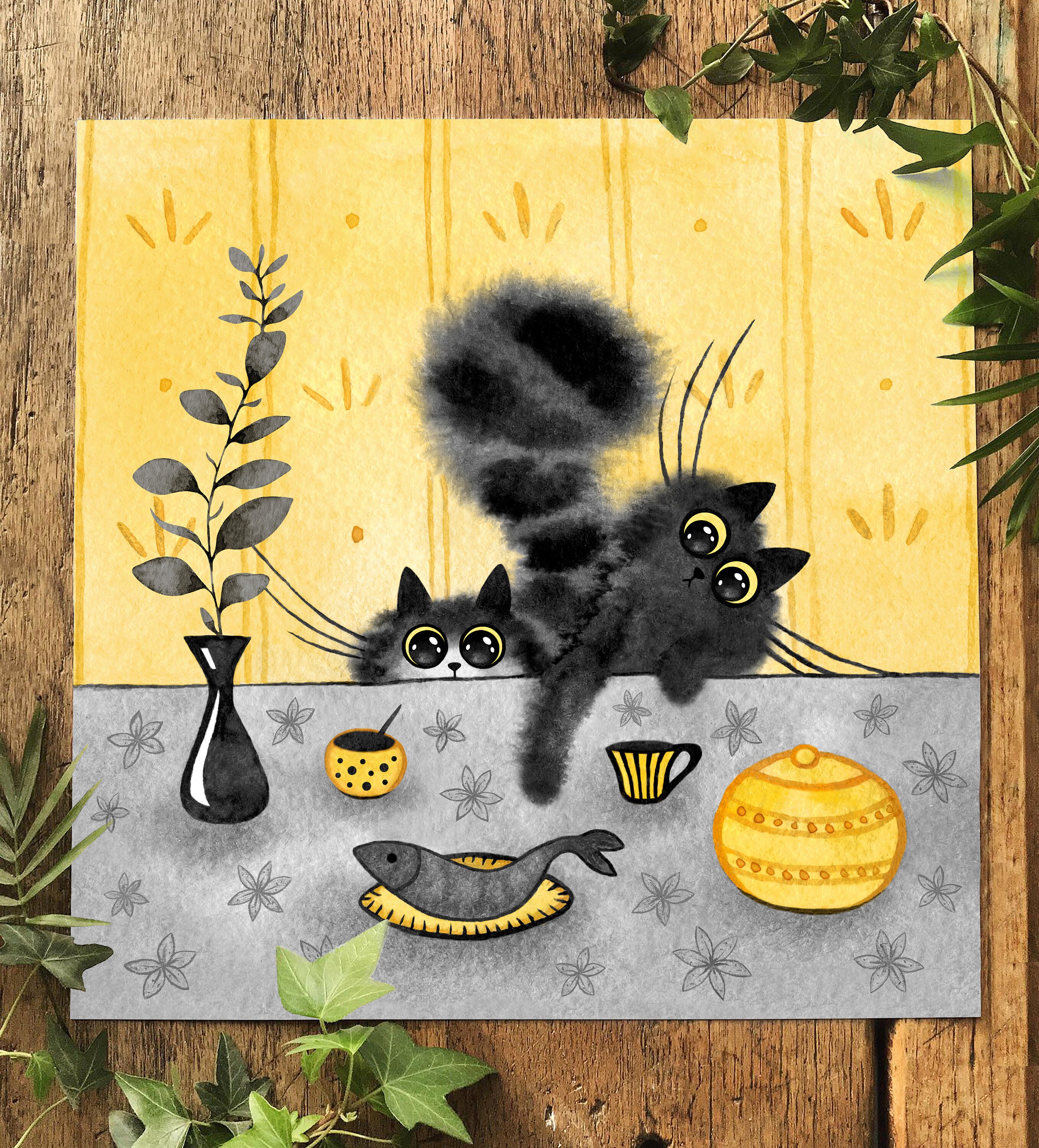 Lemon Kitchen Cats, Printable Cat Postcard, Funny Chonky Black Cat, Watercolor Cat Poster, Cat ...