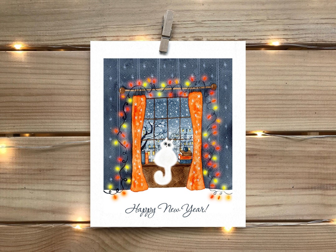 Winter Cat, Printable Christmas Postcard, Funny Chonky Cats, Watercolor ...