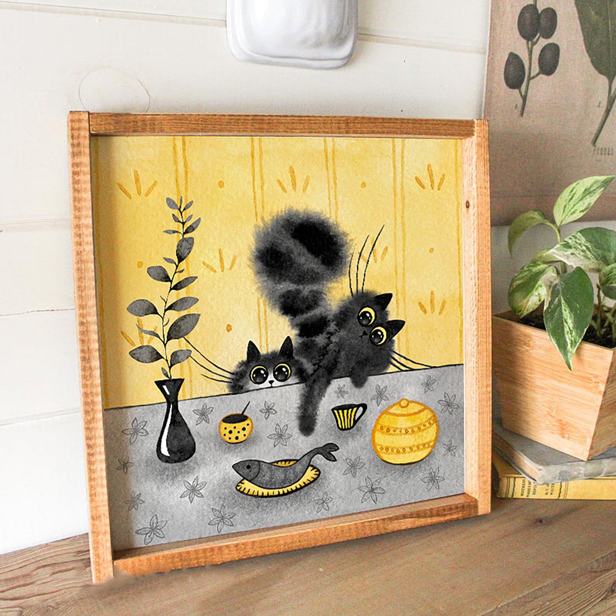 Lemon Kitchen Cats, Printable Cat Postcard, Funny Chonky Black Cat, Watercolor Cat Poster, Cat ...