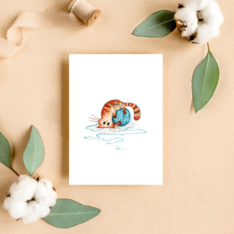 Cat With Yarn Print, Living Room Wall Art, Watercolor Cat Painting, Cat ...