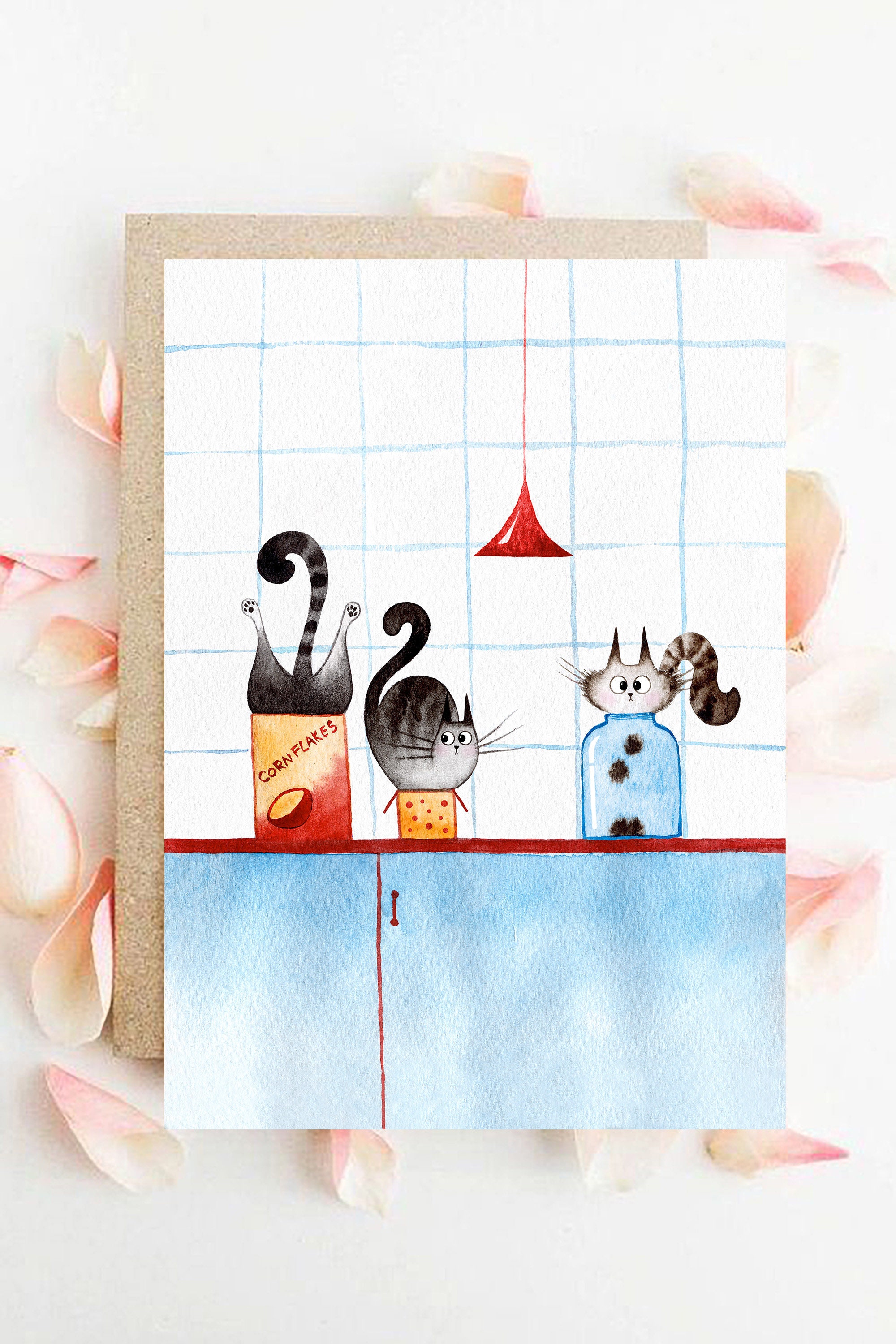 Kitchen Art, Watercolor Cat Painting, Dining Room Decor, Kitchen Poster ...