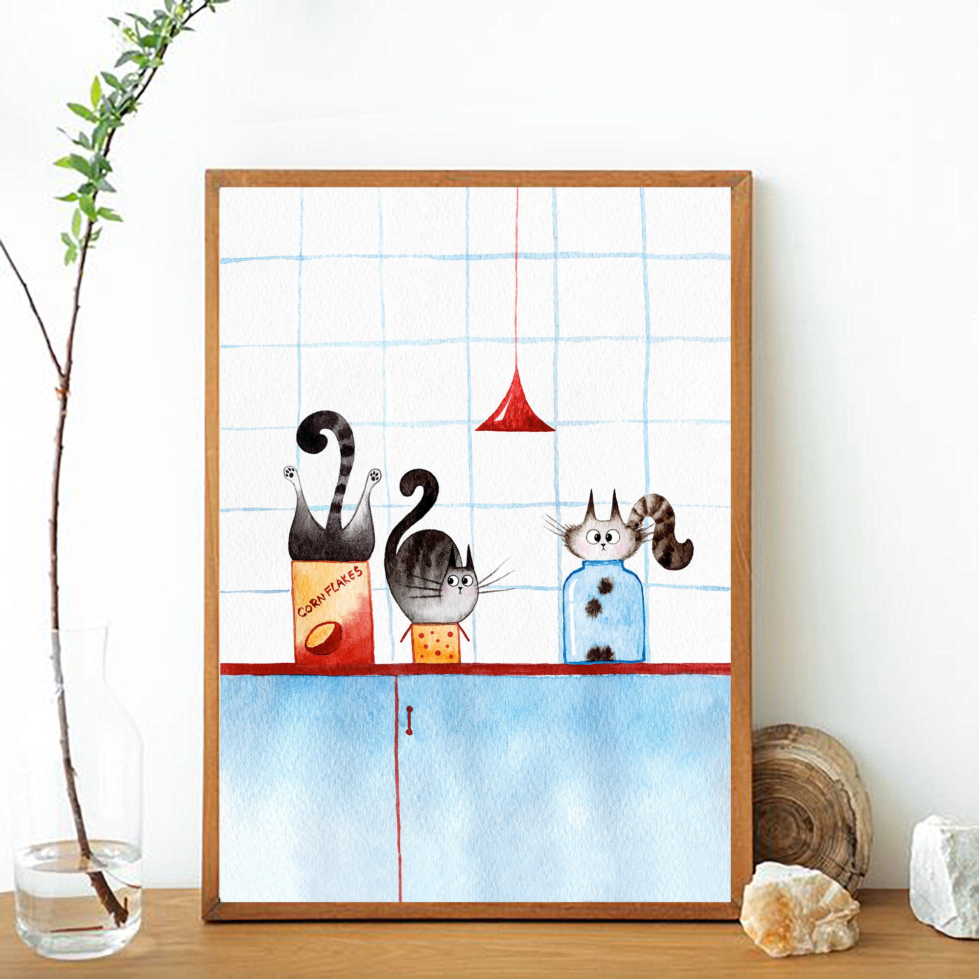 Kitchen Art, Watercolor Cat Painting, Dining Room Decor, Kitchen Poster ...