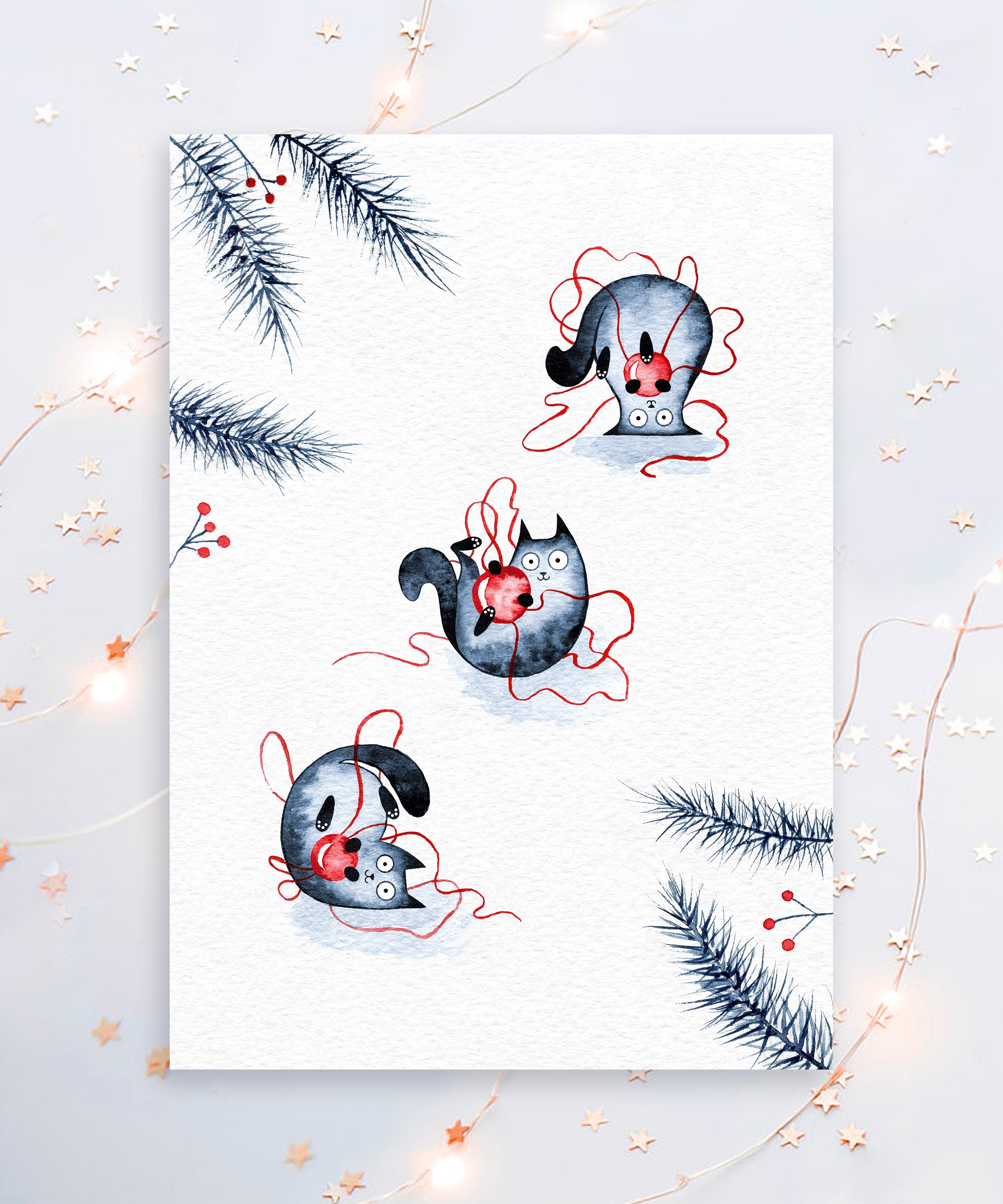Printable Christmas Postcard Set of 12, Hand-painted Watercolor Cute ...