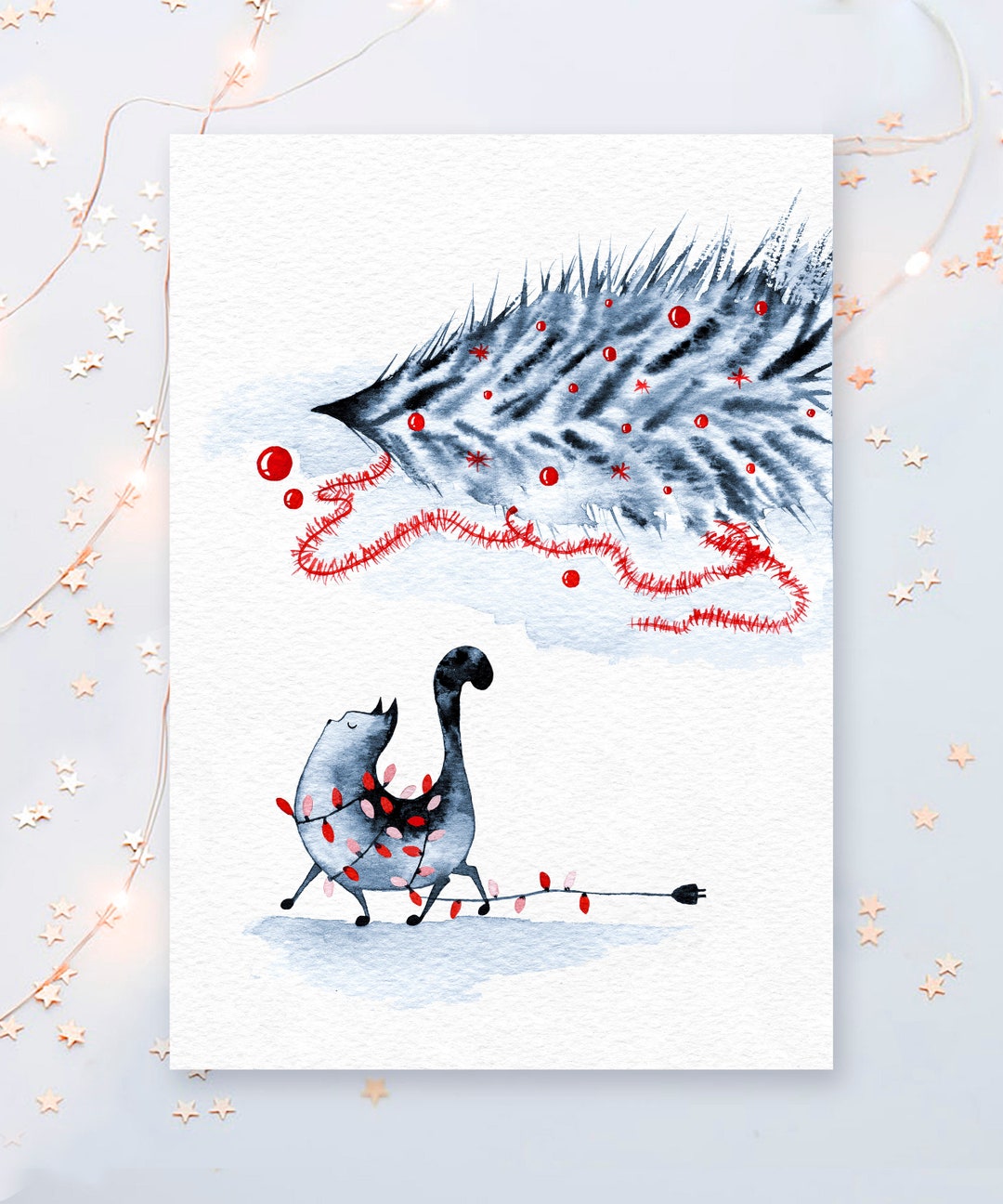 Printable Christmas Postcard, Hand-painted Watercolor Cat, Falling ...