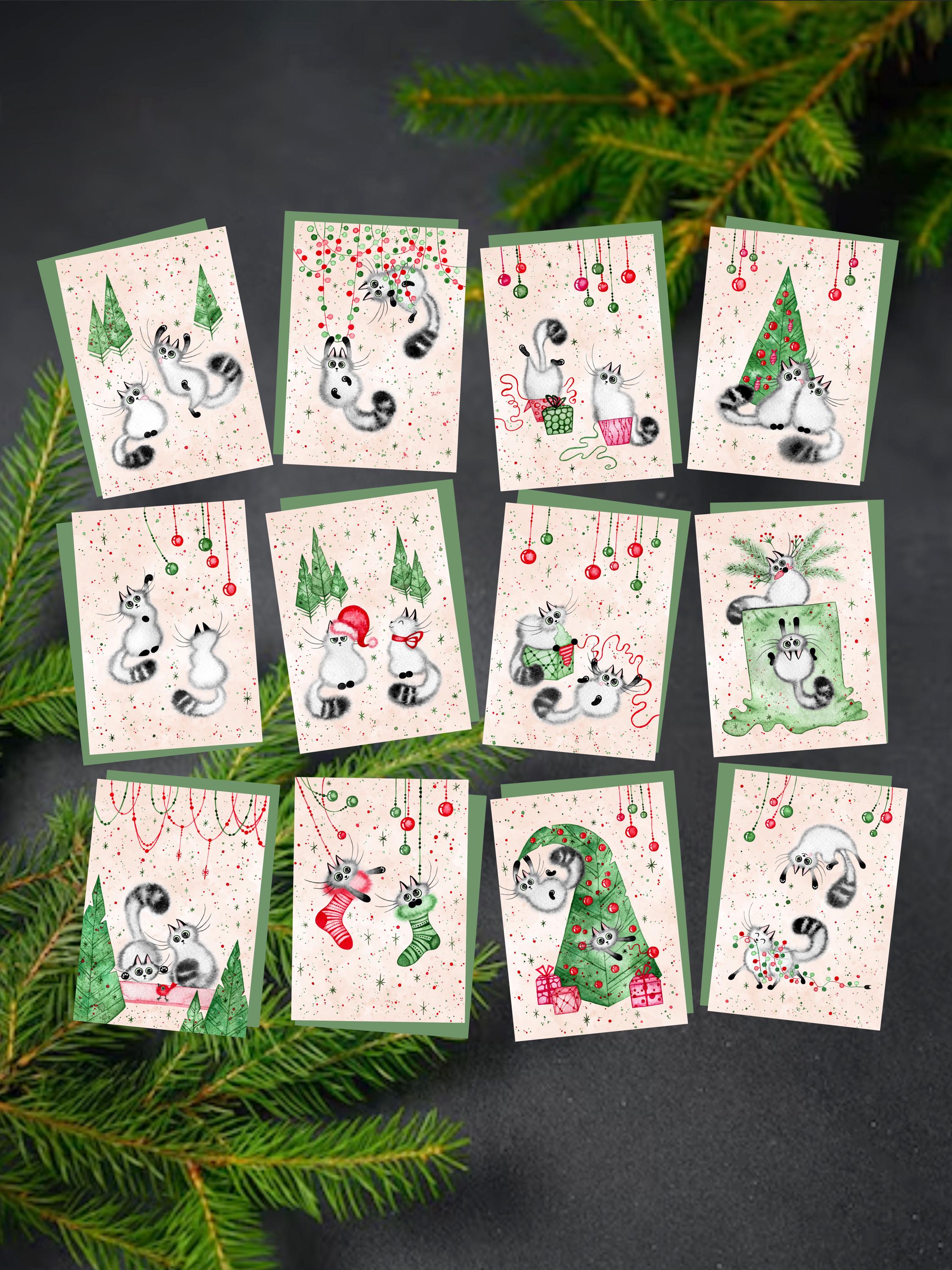 Christmas Cats, Printable Christmas Postcard Set, Funny Chonky Cats ...