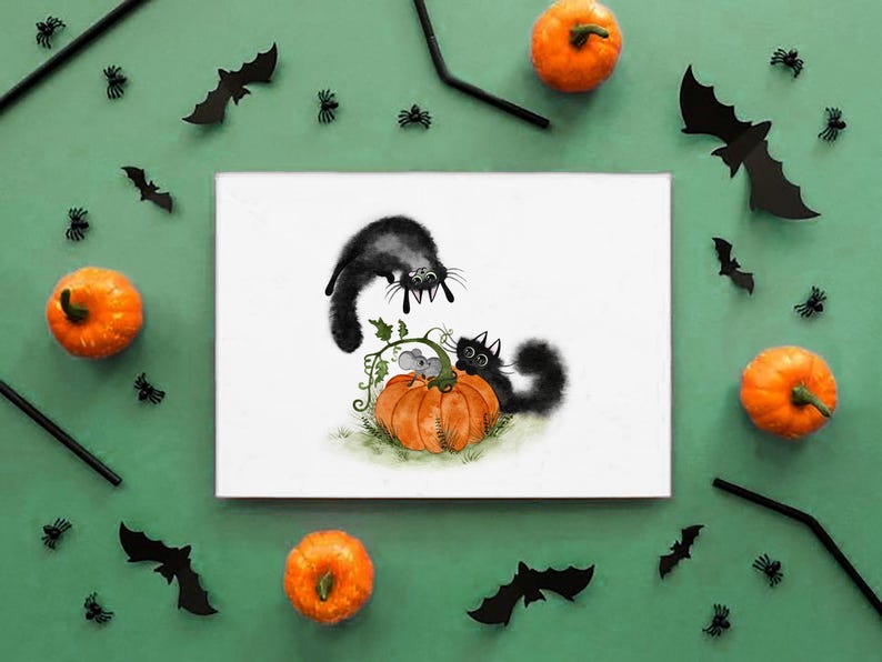 Halloween Black Cats, Cute Halloween Card, Watercolor Printable ...