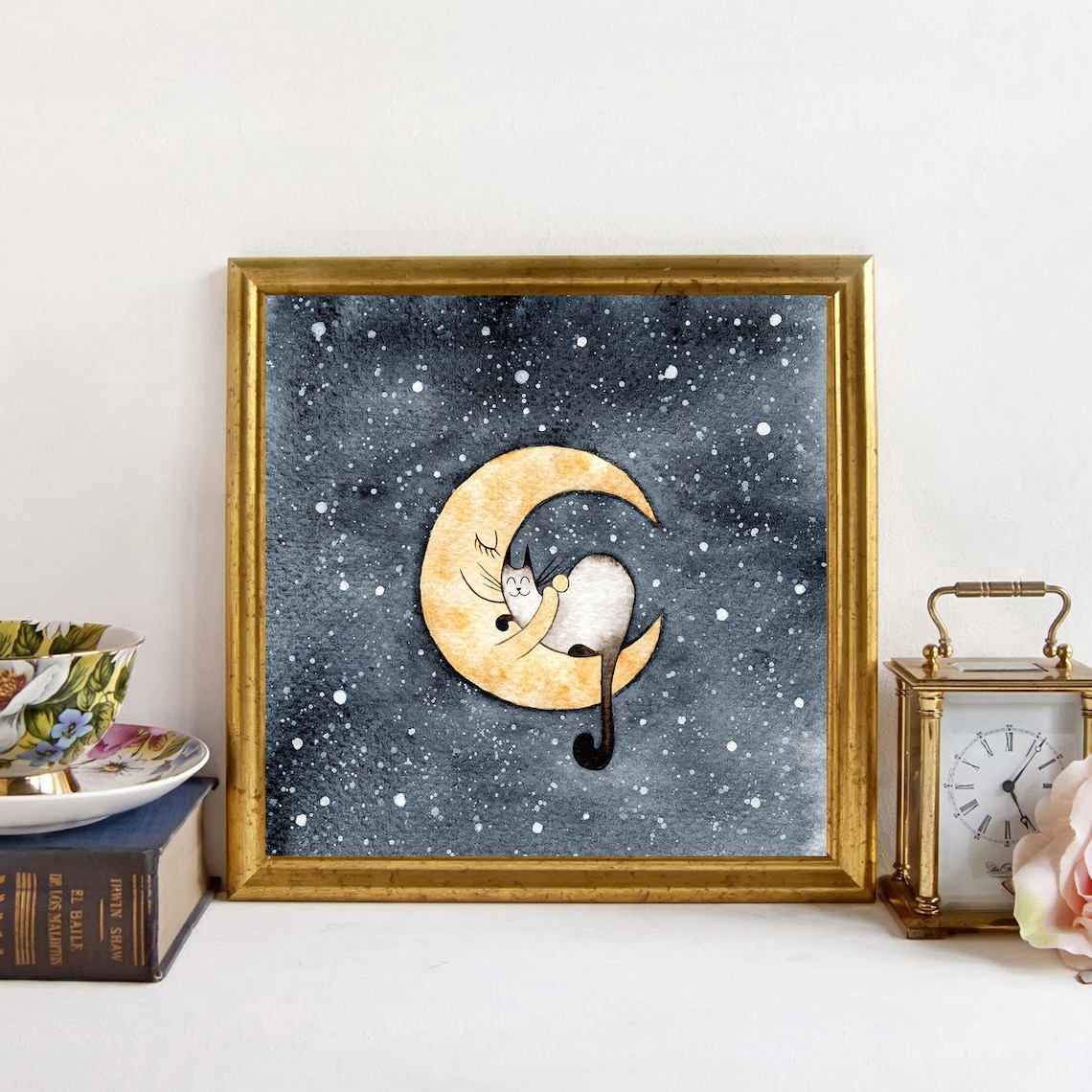 Goodnight Moon Art Printable Wall Art Watercolor Cat | Etsy
