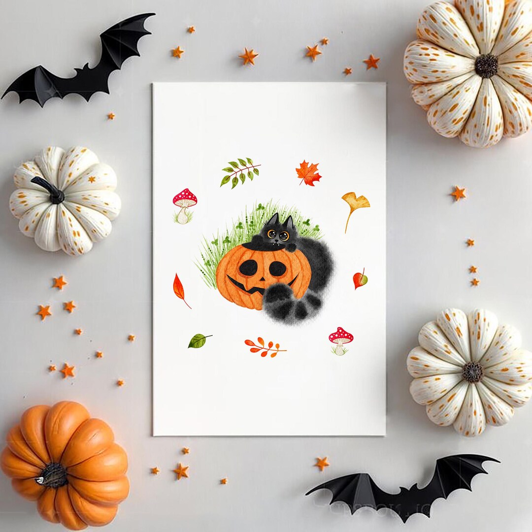 Pumpkin Black Cat, Cute Halloween Card, Watercolor Printable Postcard ...