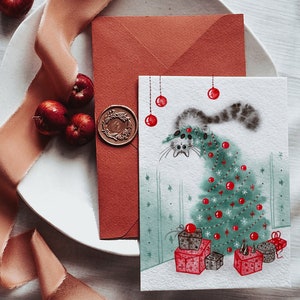 Cat on A Christmas Tree, Printable Christmas Postcard, Funny Chonky Cat ...