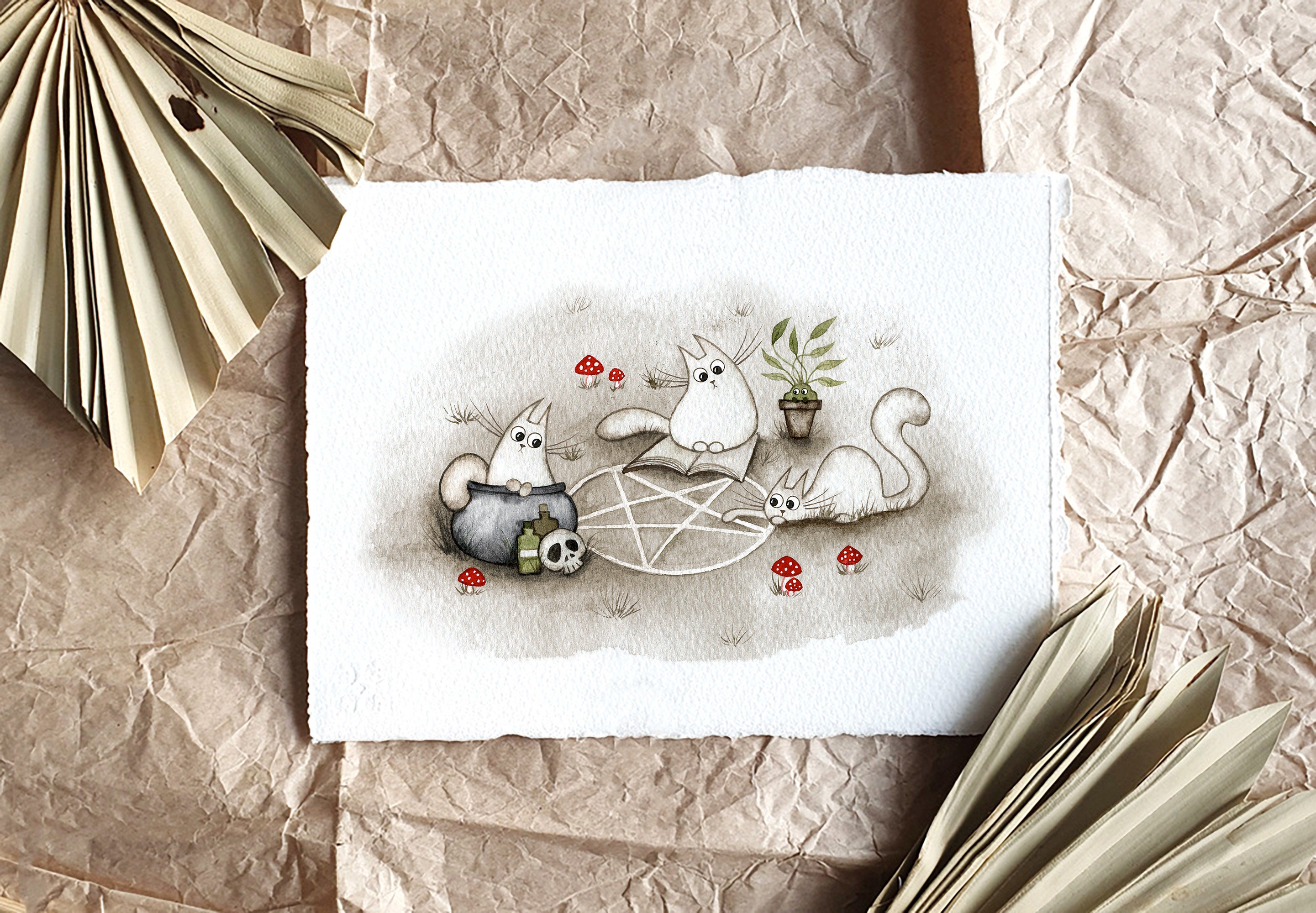 Cat Witchcraft, Cute Halloween Card, Watercolor Printable Postcard ...