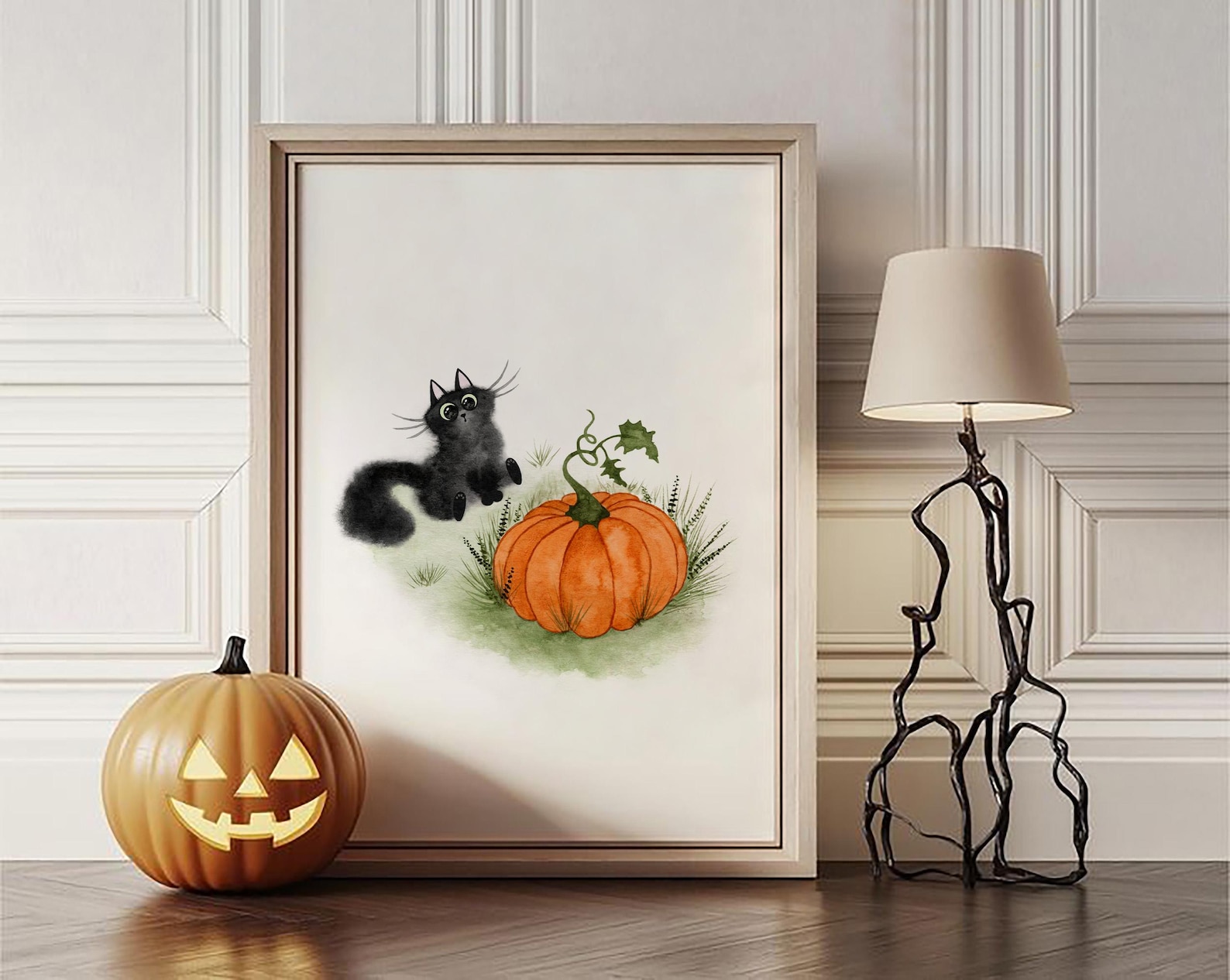 Halloween Black Cat, Cute Halloween Card, Watercolor Printable Postcard ...