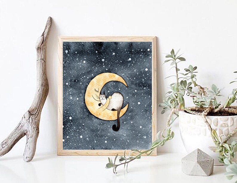 Goodnight Moon Art Printable Wall Art Watercolor Cat - Etsy