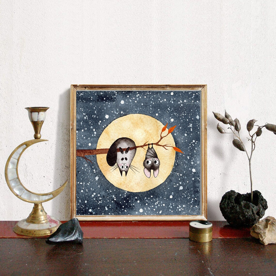 Cat and Bat Meeting Printable Wall Art Watercolor Cat | Etsy