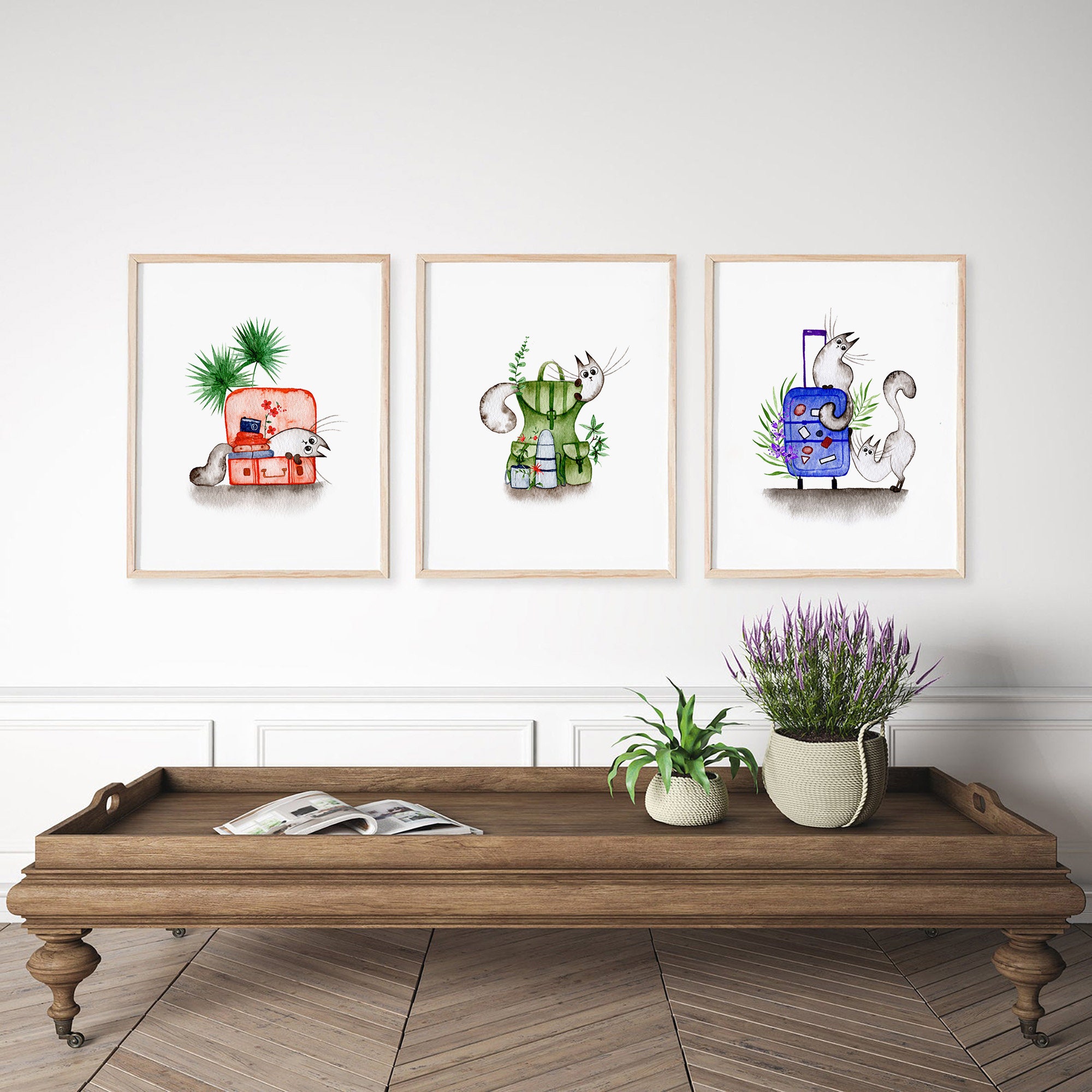 Cat Travel Postcards, Travel Art Print, Watercolor Cat Painting, Travel ...