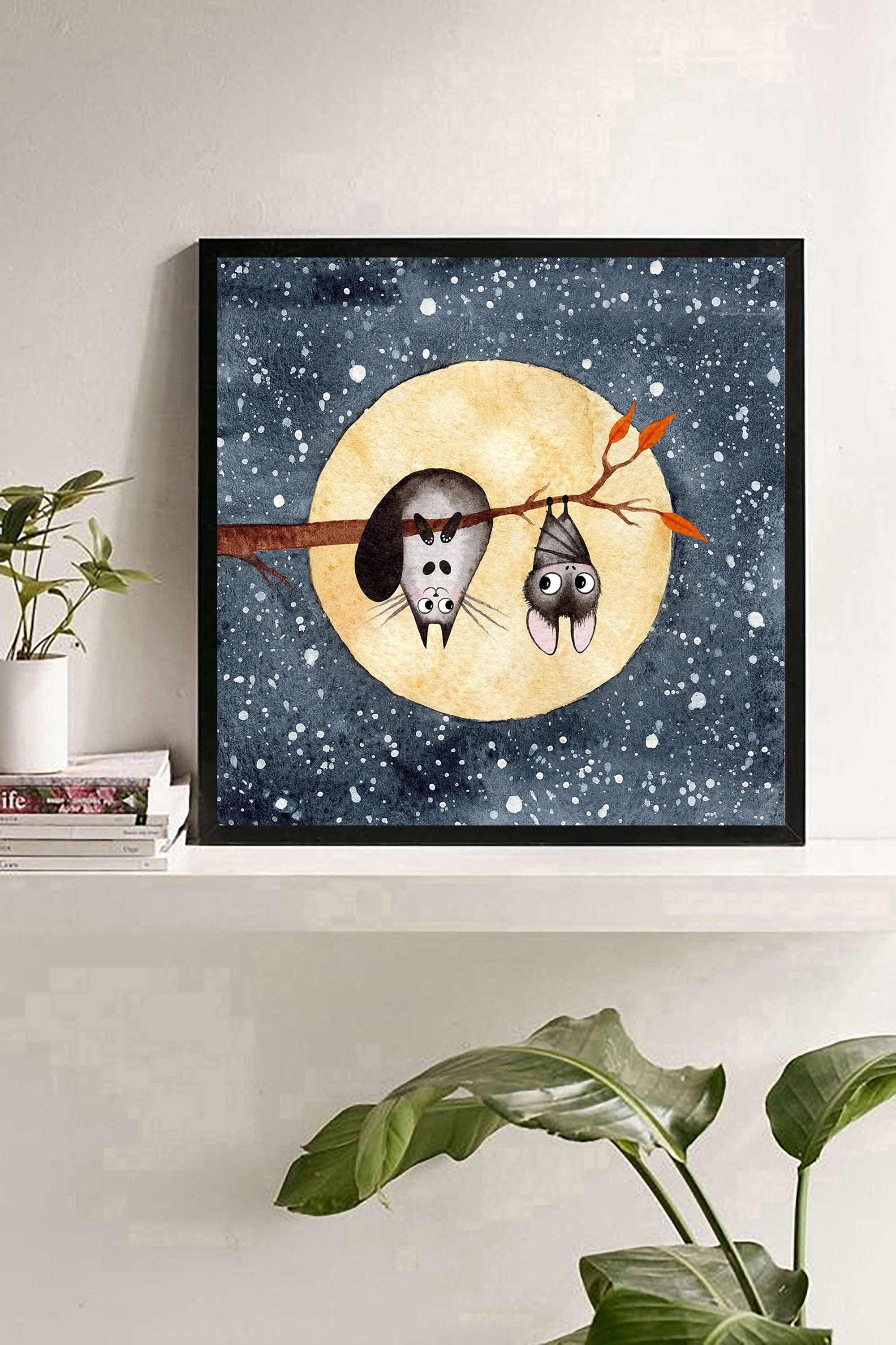 Cat and Bat Meeting Printable Wall Art Watercolor Cat - Etsy