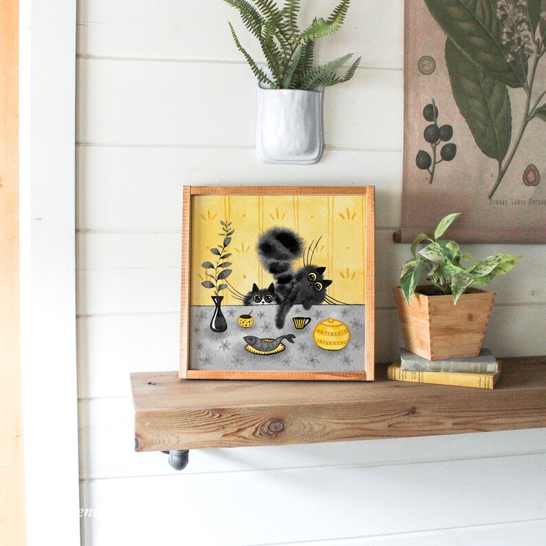 Lemon Kitchen Cats, Printable Cat Postcard, Funny Chonky Black Cat, Watercolor Cat Poster, Cat ...