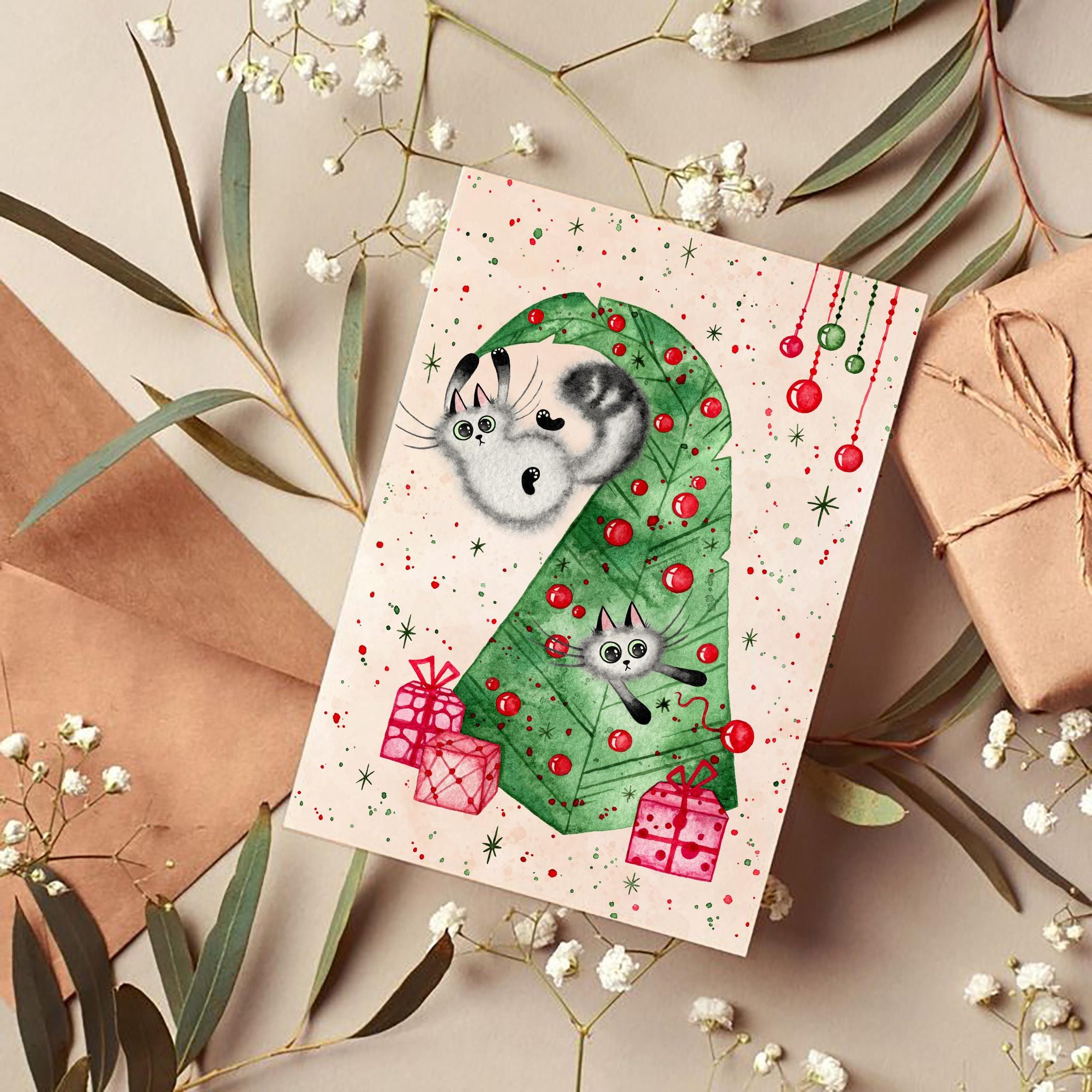 Christmas Cat, Printable Christmas Postcard, Funny Chonky Cats ...