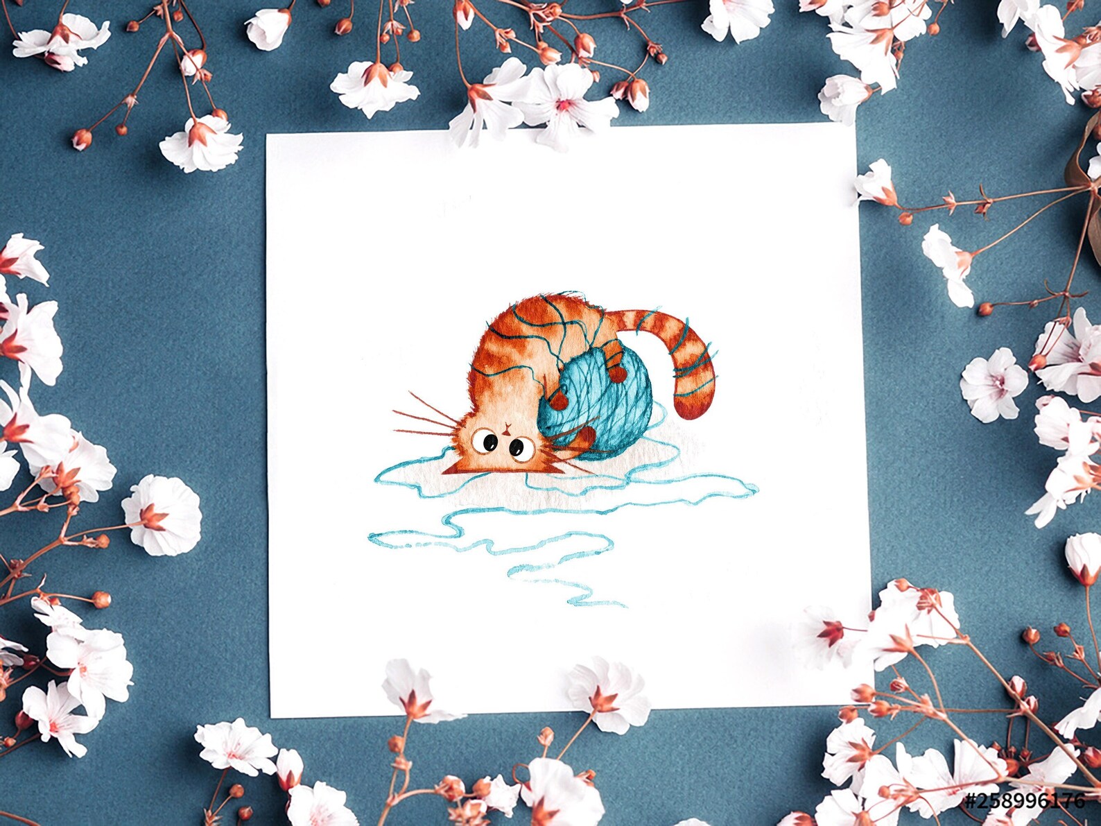 Cat With Yarn Print, Living Room Wall Art, Watercolor Cat Painting, Cat ...