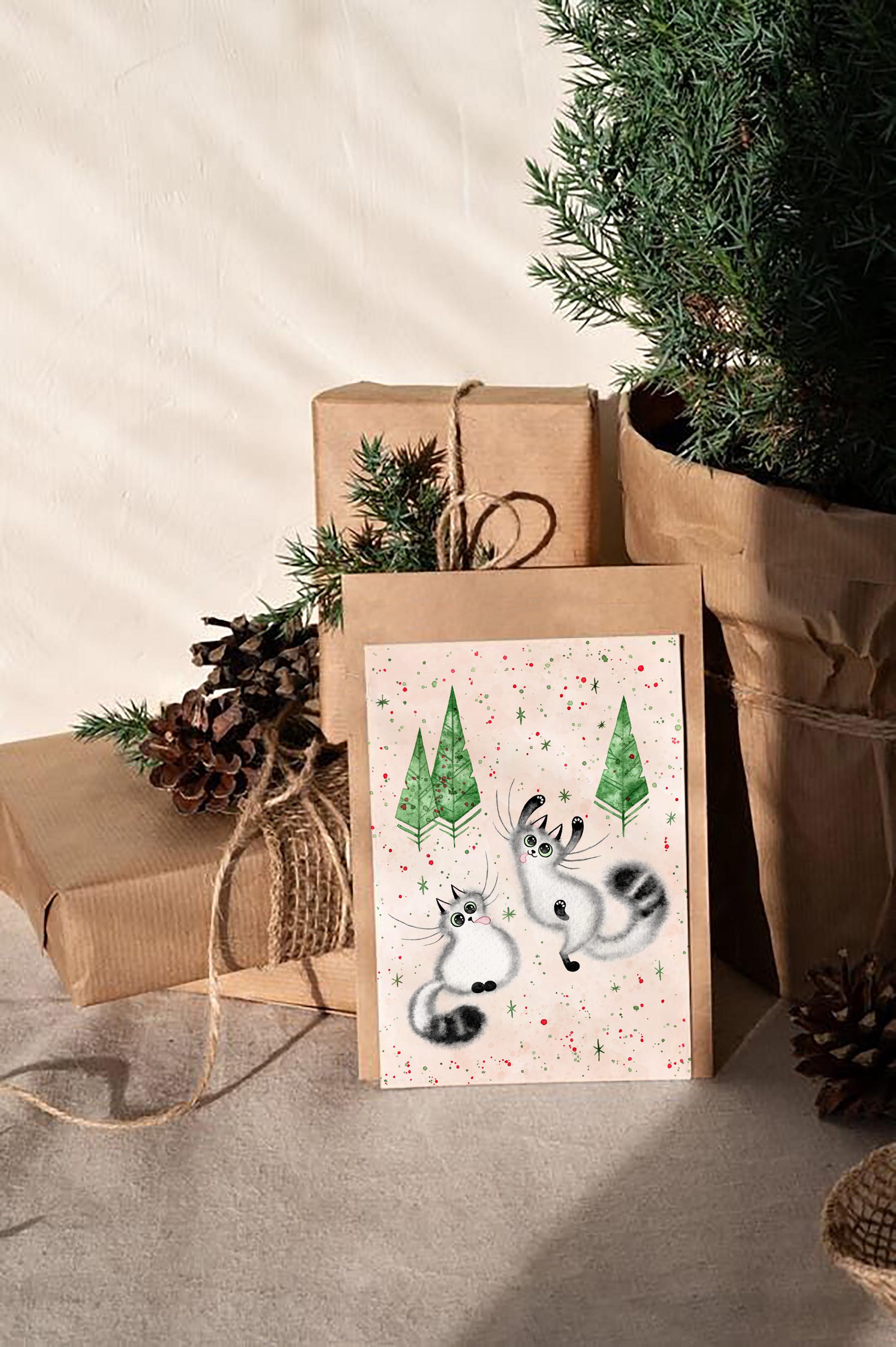 Christmas Cats, Printable Christmas Postcard Set, Funny Chonky Cats ...