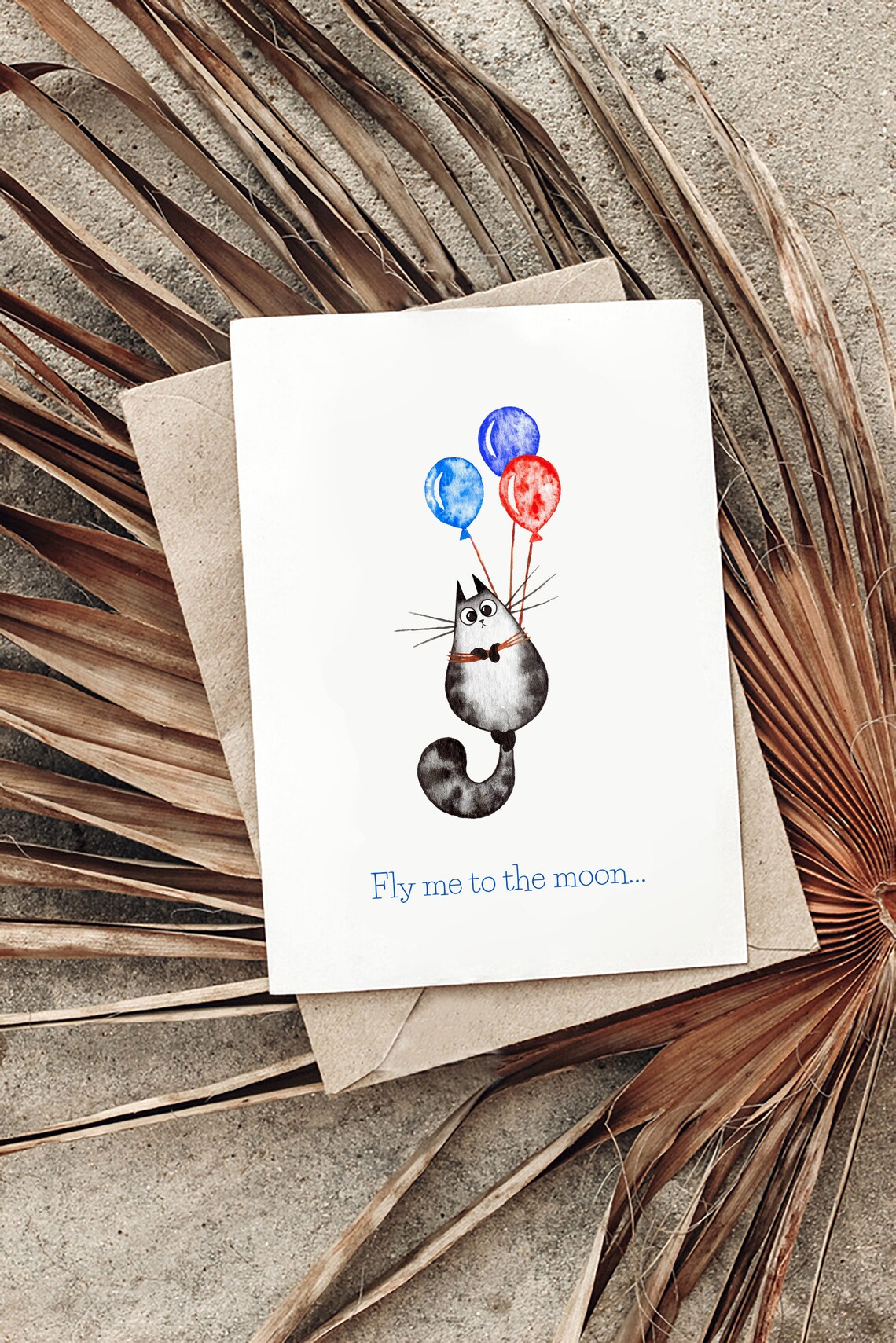 Cat With Ballons Fly Me to the Moon Cat Birthday Card - Etsy