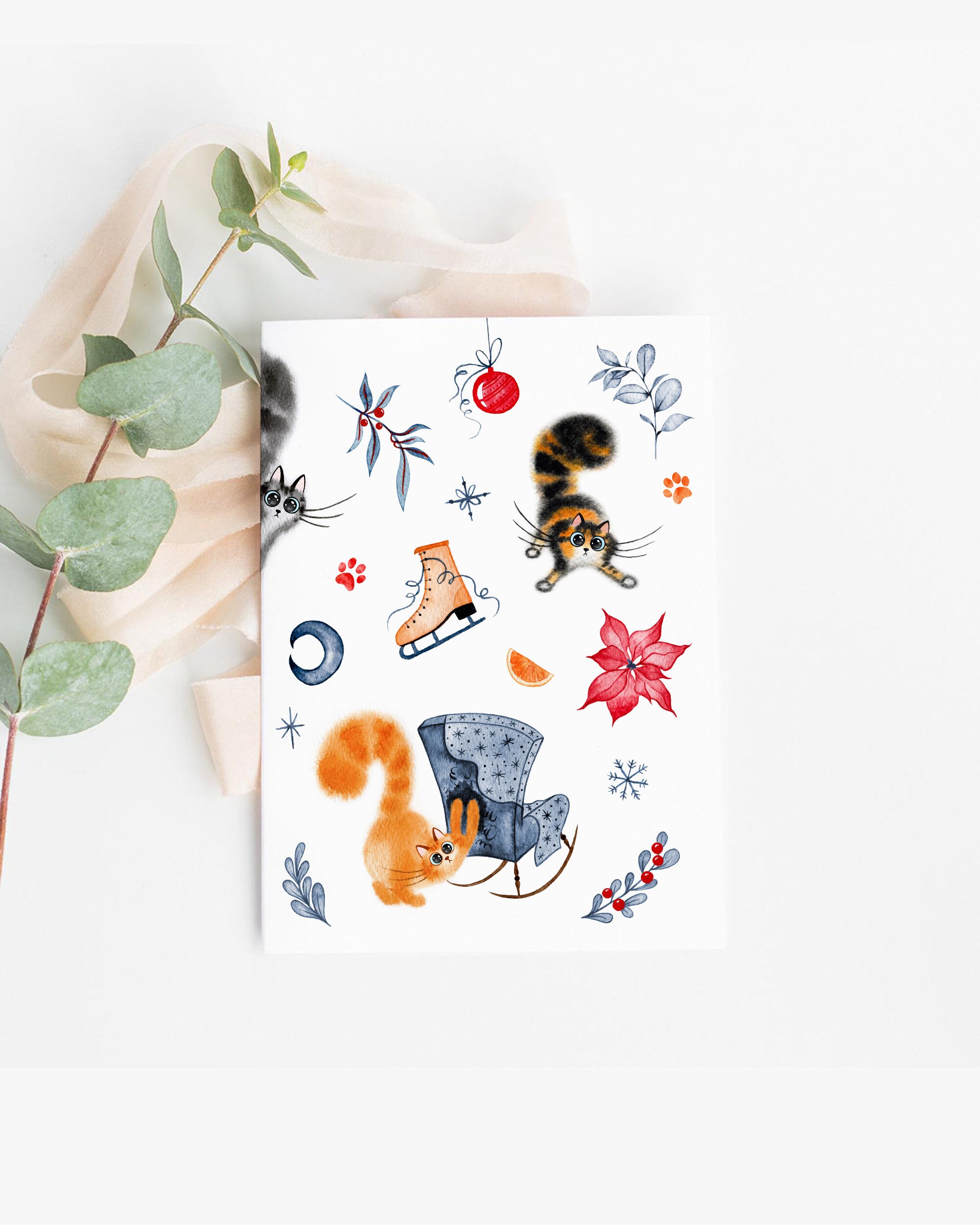 Christmas Cats, Printable Christmas Postcard Set, Watercolor Cat Prints ...