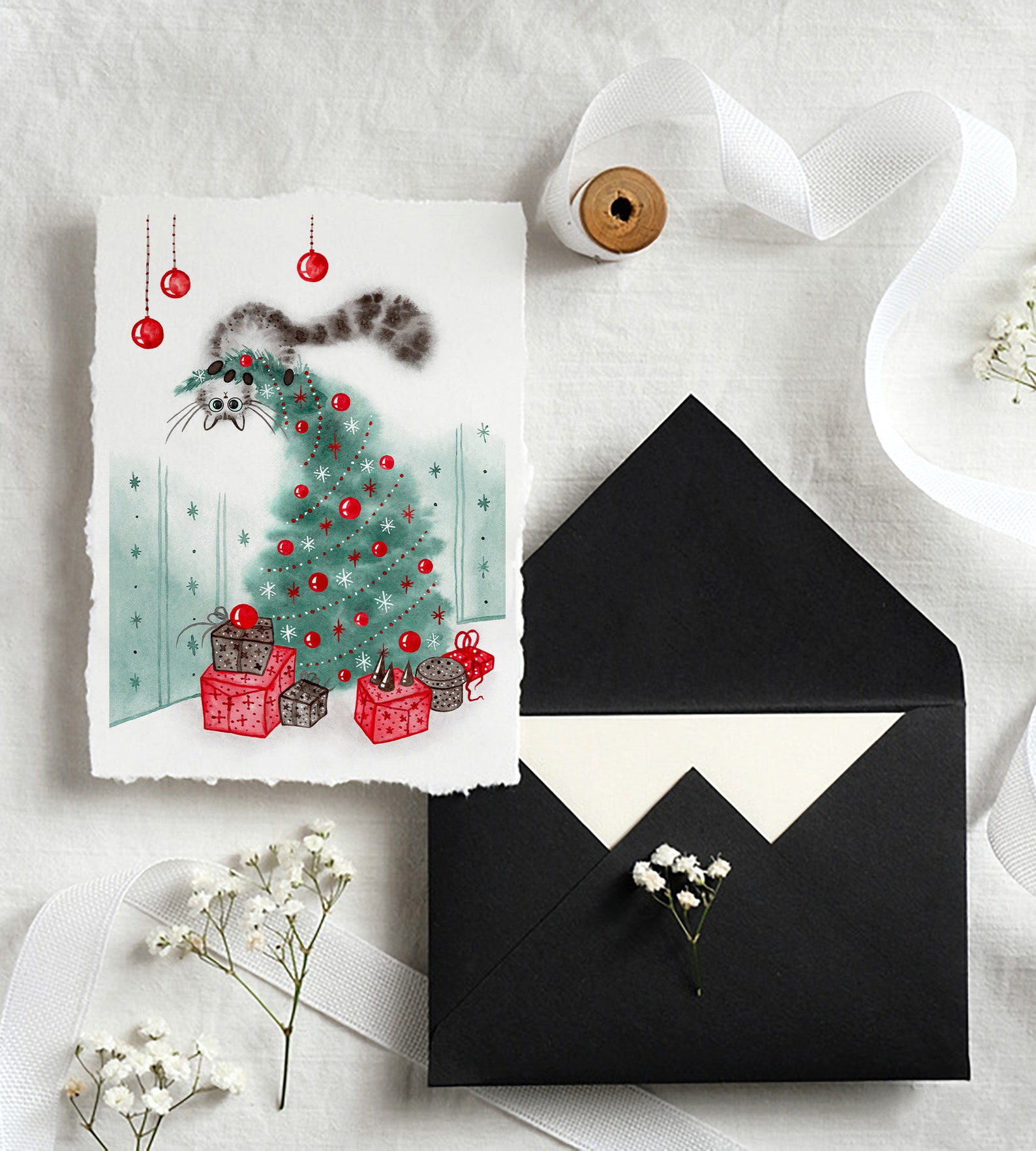 Cat on A Christmas Tree, Printable Christmas Postcard, Funny Chonky Cat ...