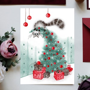 Cat on A Christmas Tree, Printable Christmas Postcard, Funny Chonky Cat ...