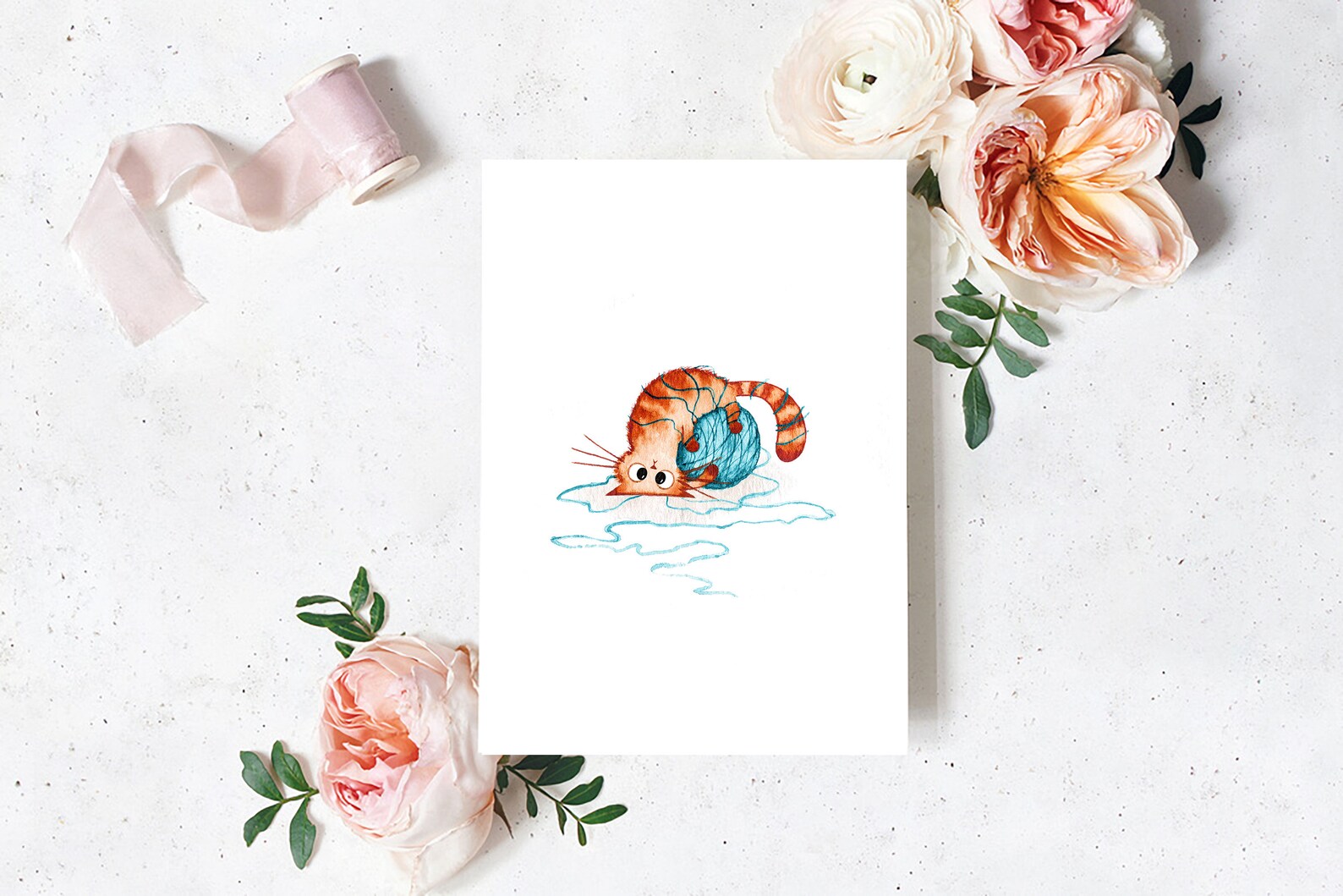 Cat With Yarn Print, Living Room Wall Art, Watercolor Cat Painting, Cat ...