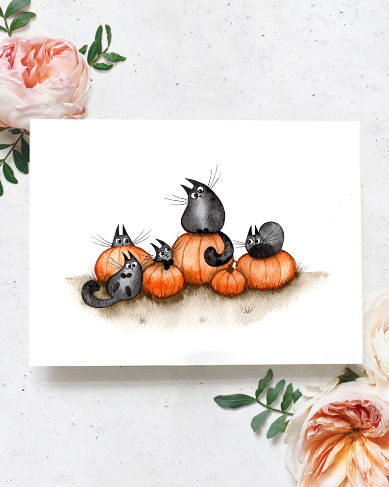 Halloween Black Cats, Cute Halloween Card, Watercolor Printable ...