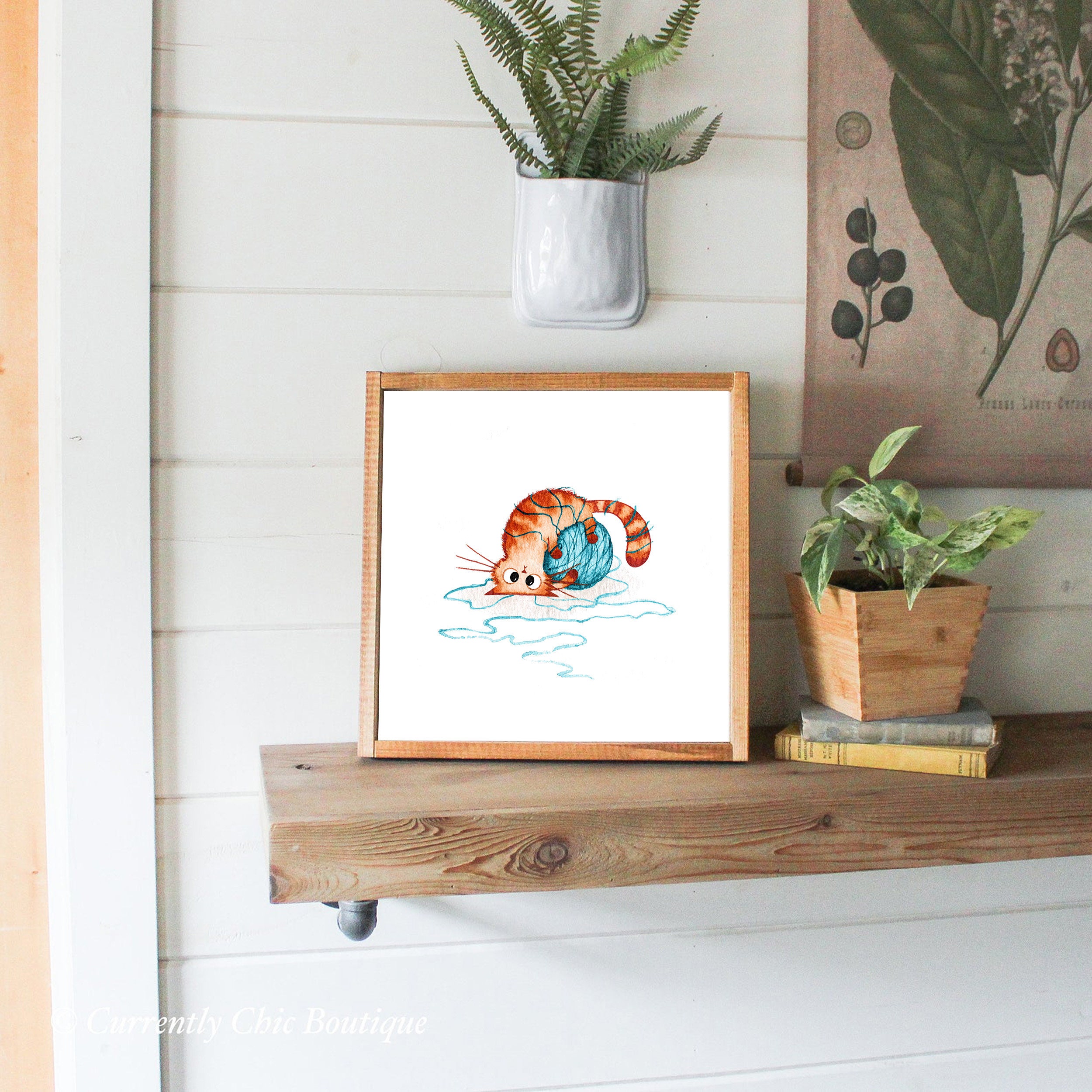 Cat With Yarn Print, Living Room Wall Art, Watercolor Cat Painting, Cat ...
