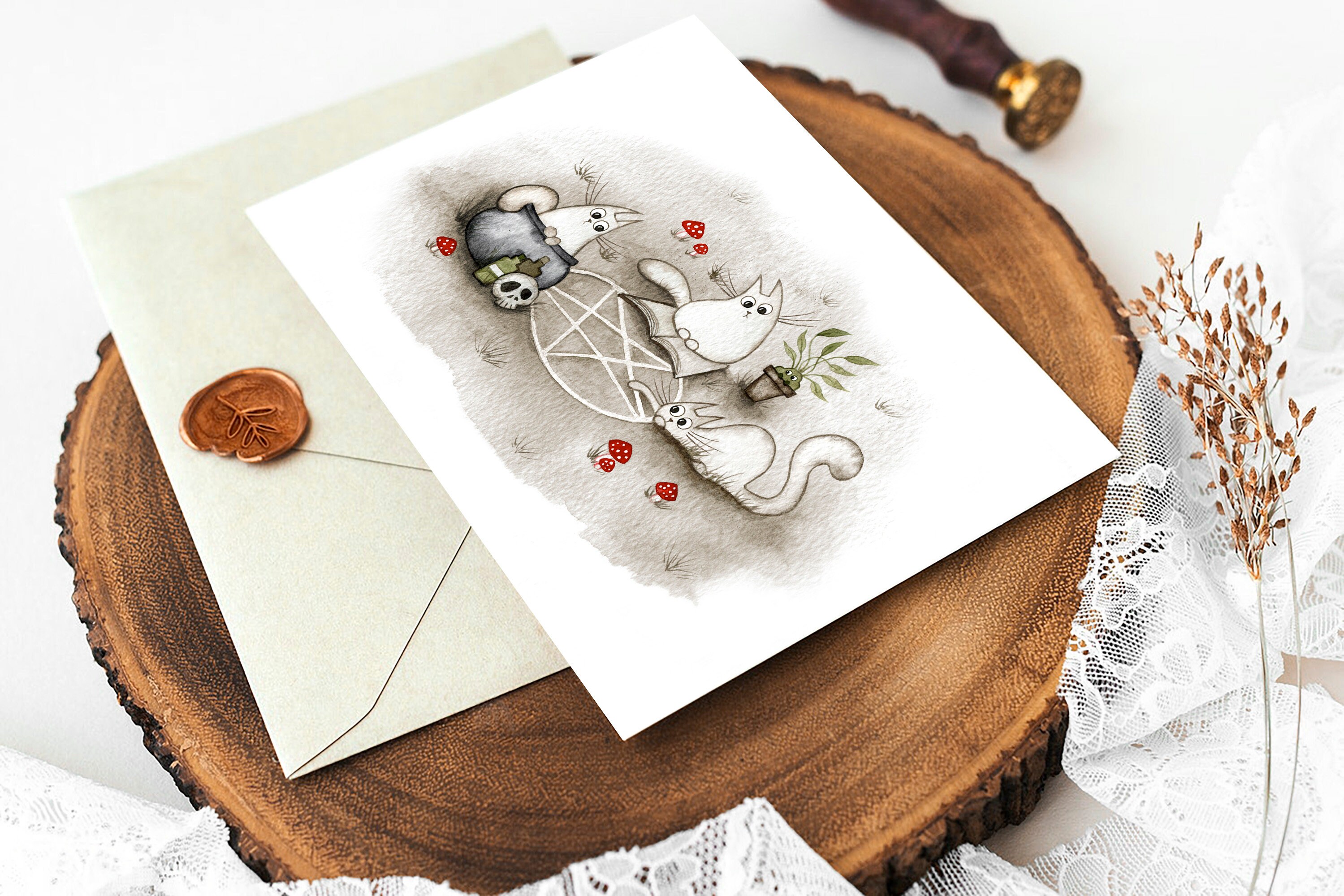 Cat Witchcraft, Cute Halloween Card, Watercolor Printable Postcard ...