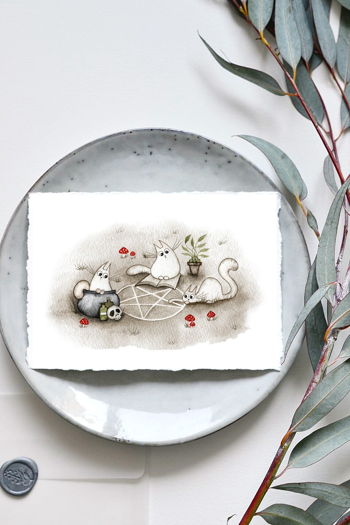 Cat Witchcraft Cute Halloween Card Watercolor Printable | Etsy