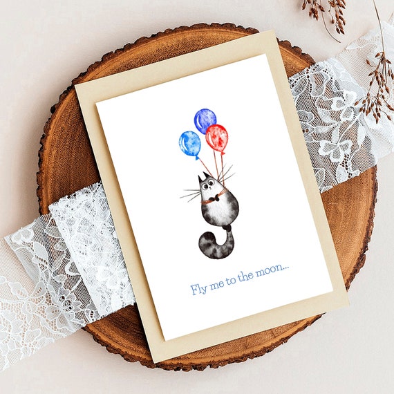 Cat With Ballons Fly Me to the Moon Cat Birthday Card | Etsy