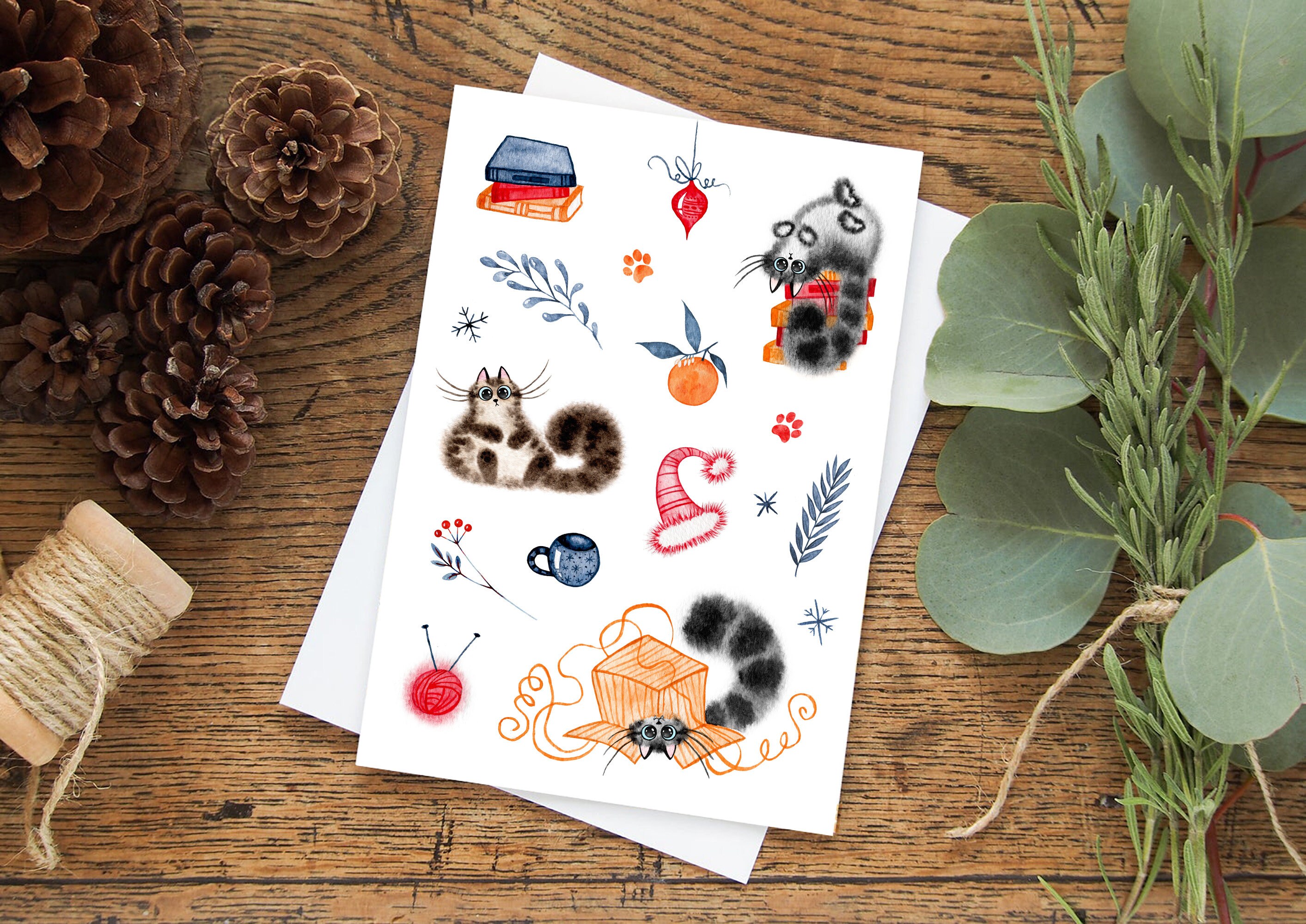 Christmas Cats, Printable Christmas Postcard Set, Watercolor Cat Prints ...