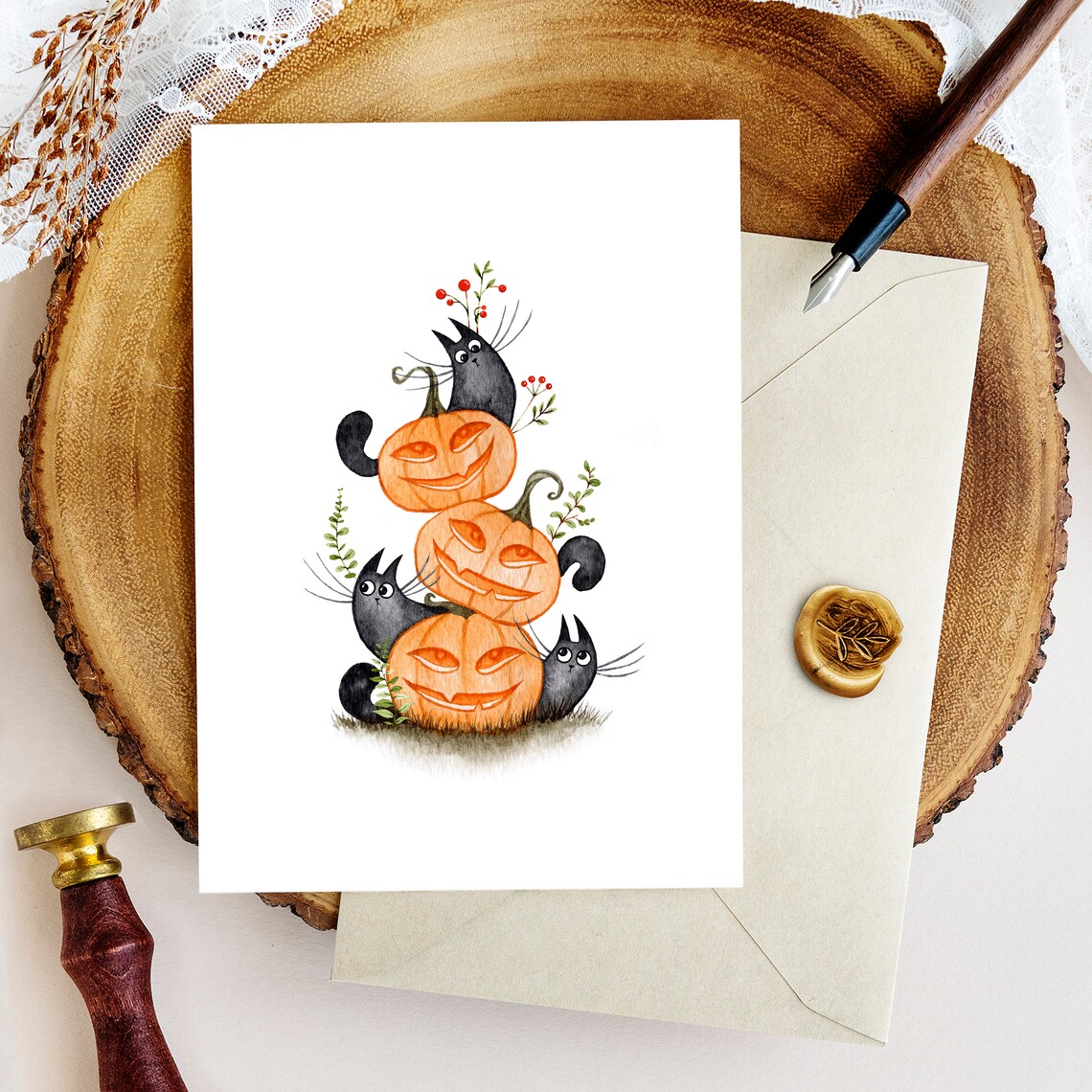 Halloween Black Cats, Cute Halloween Card, Watercolor Printable ...