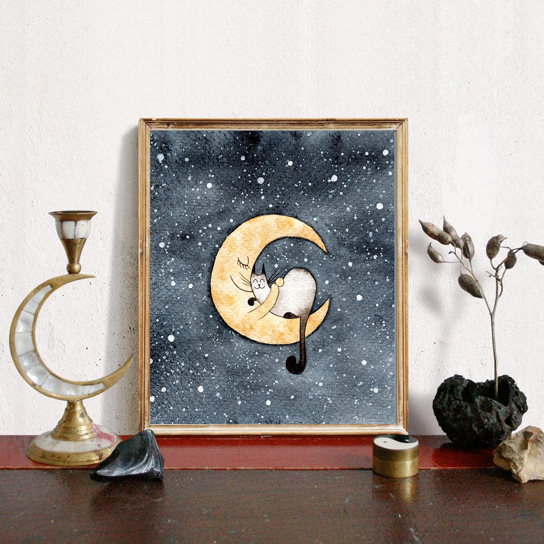 Goodnight Moon Art, Printable Wall Art, Watercolor Cat Painting ...