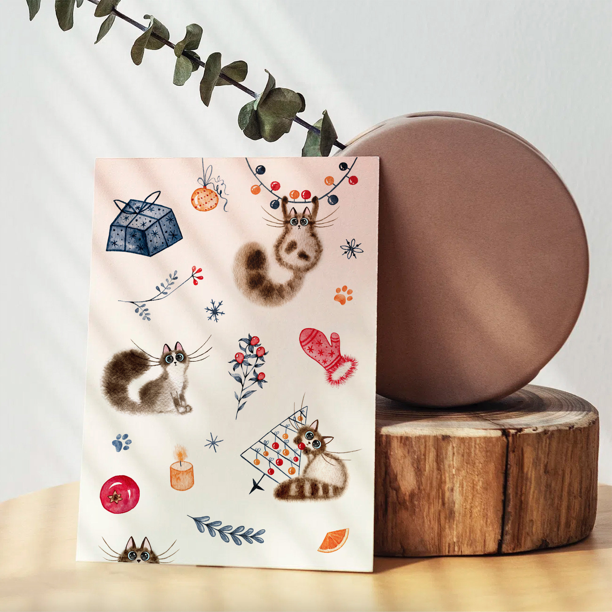 Christmas Cats, Printable Christmas Postcard Set, Watercolor Cat Prints ...