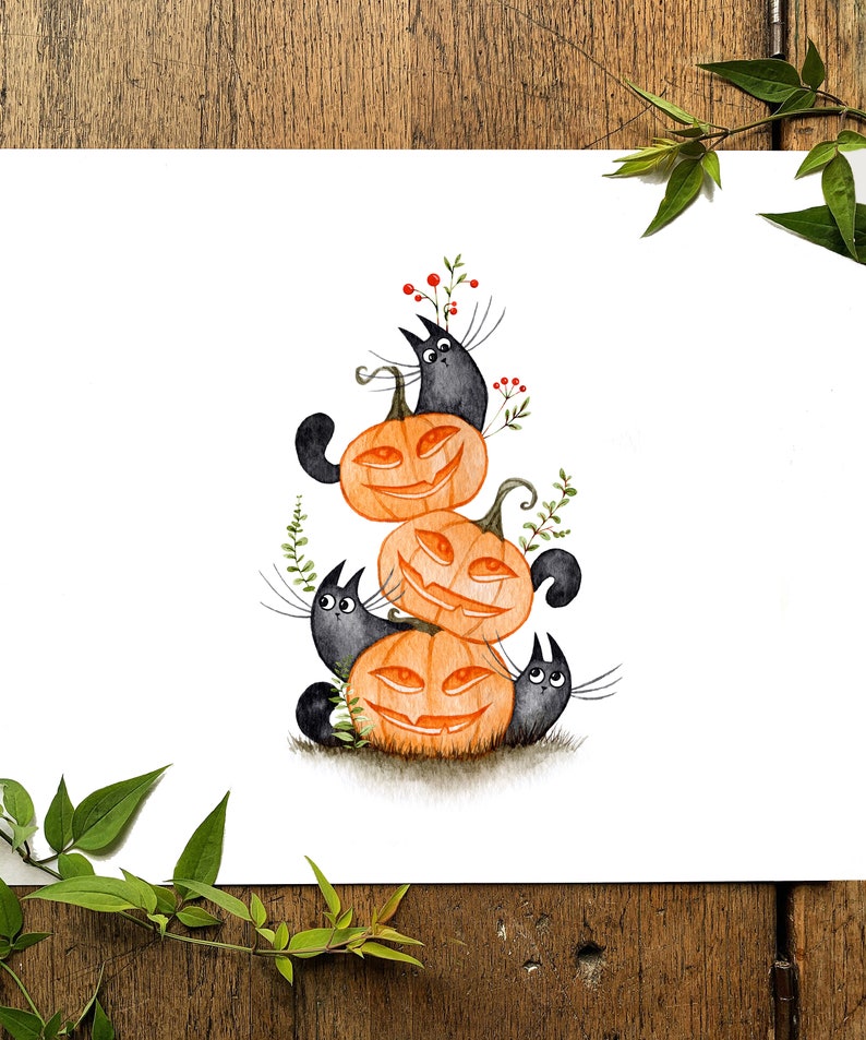 Halloween Black Cats, Cute Halloween Card, Watercolor Printable ...