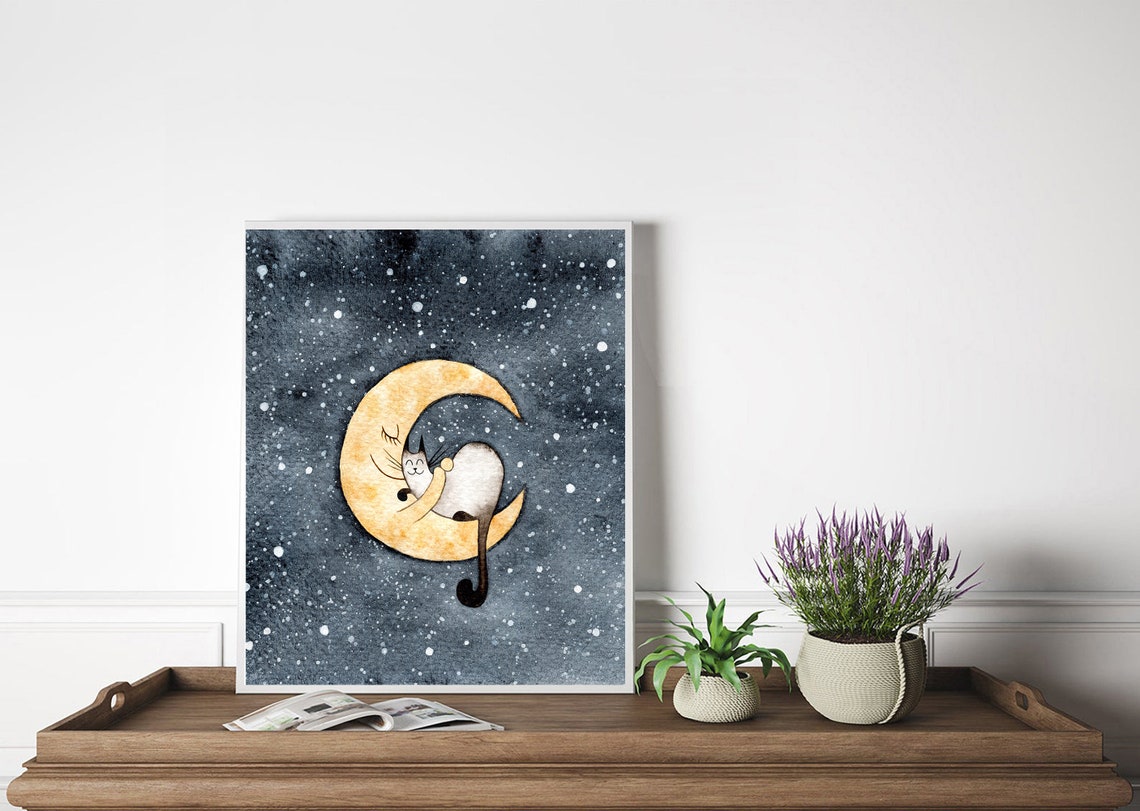 Goodnight Moon Art Printable Wall Art Watercolor Cat | Etsy