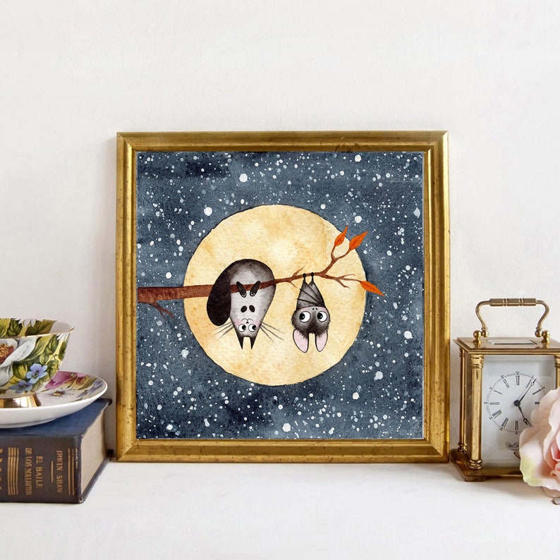 Cat and Bat Meeting Printable Wall Art Watercolor Cat | Etsy