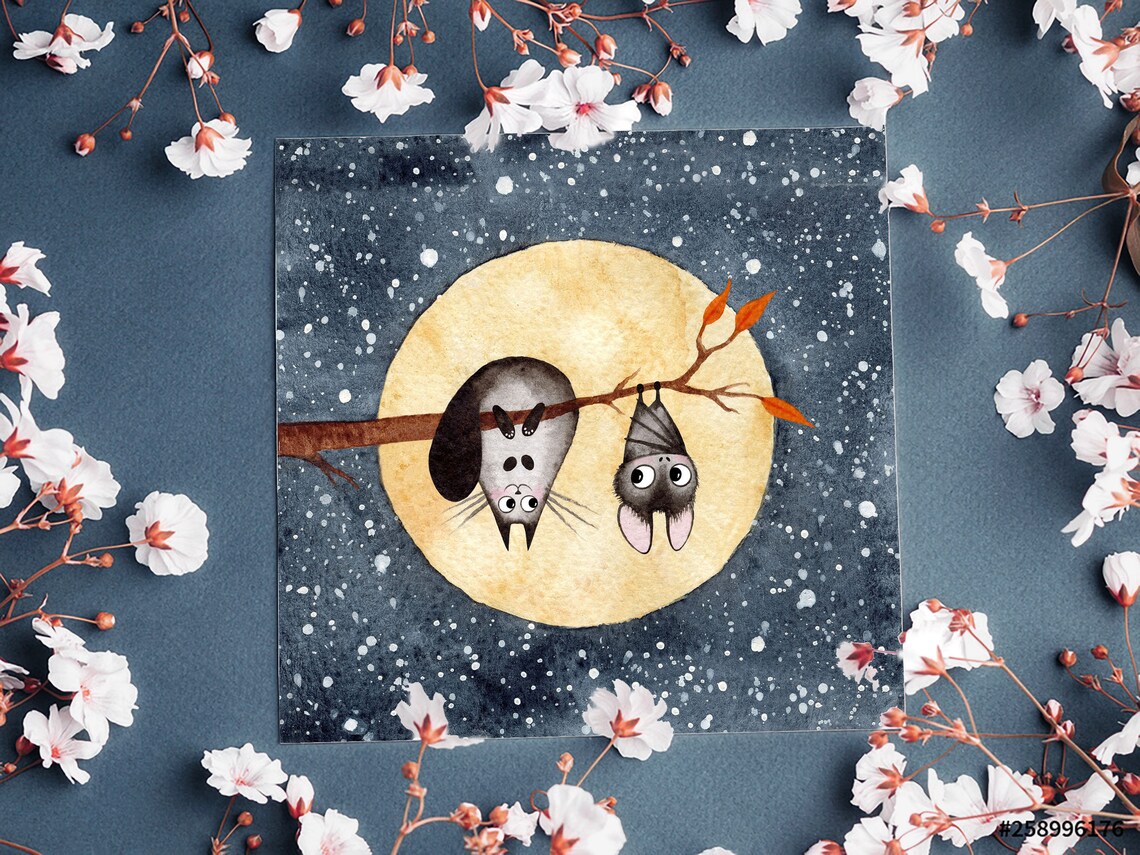 Cat and Bat Meeting Printable Wall Art Watercolor Cat | Etsy