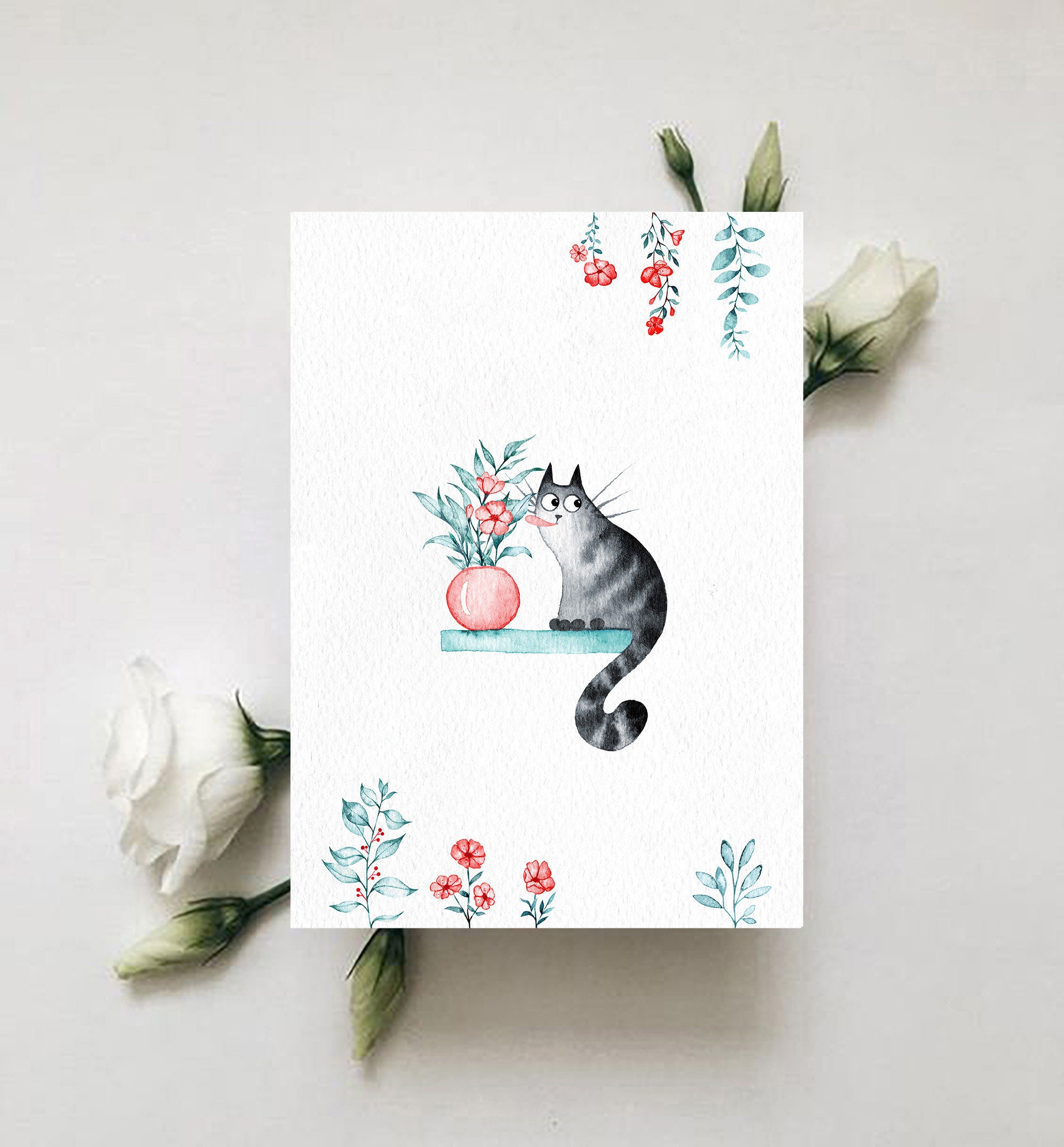 Cat Lover Gift, Cat Print, Cat Decor, Watercolor Printable Postcard ...