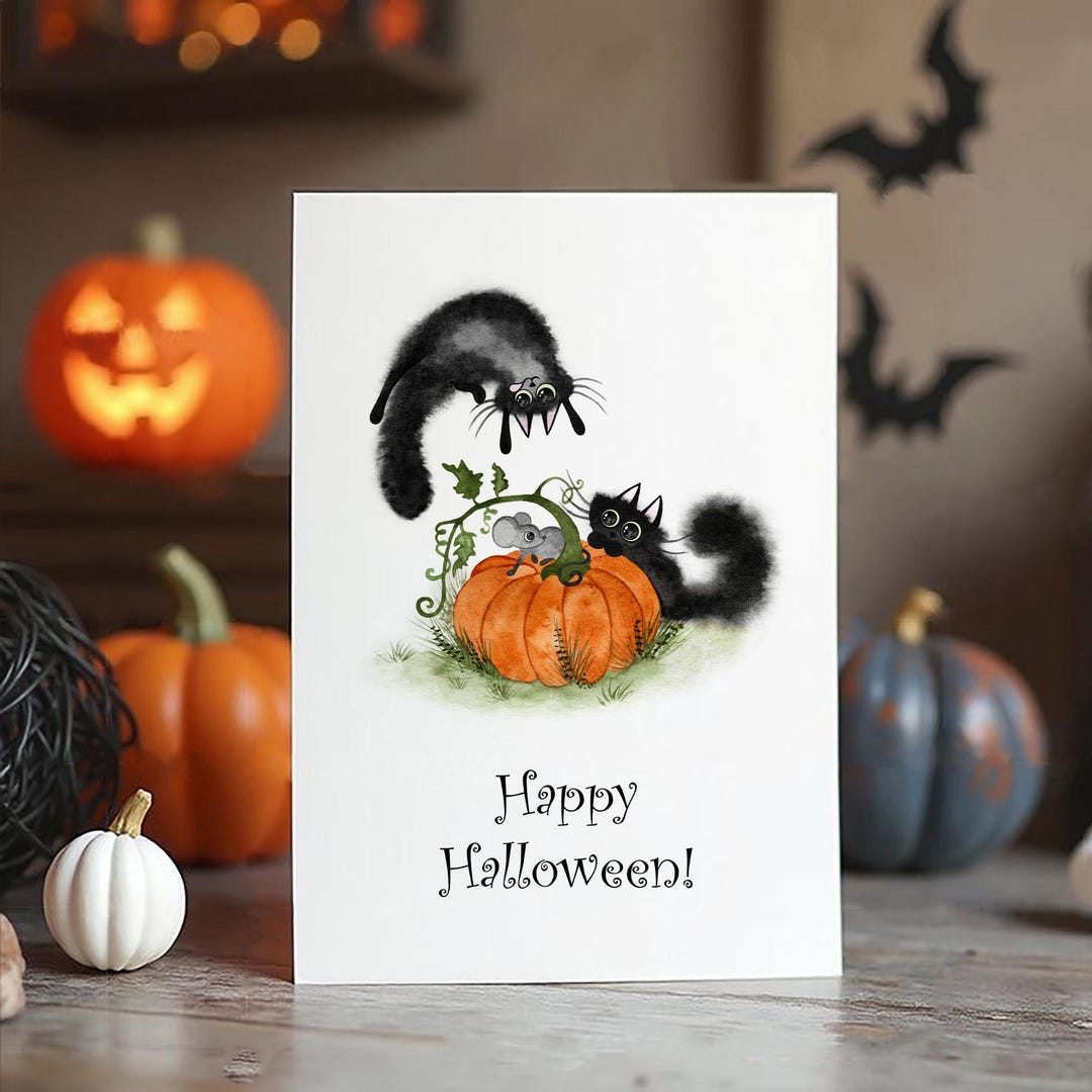 Halloween Black Cats, Cute Halloween Card, Watercolor Printable ...