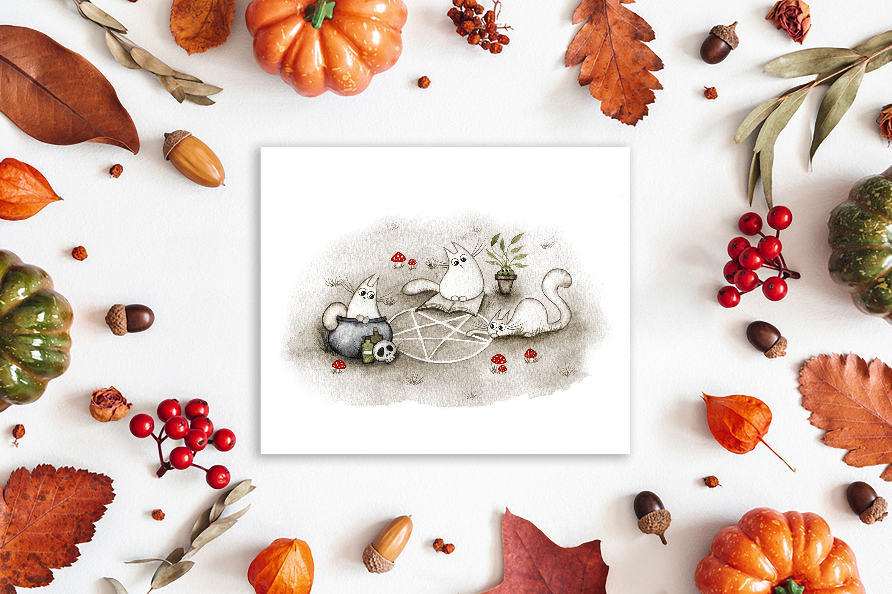 Cat Witchcraft Cute Halloween Card Watercolor Printable - Etsy