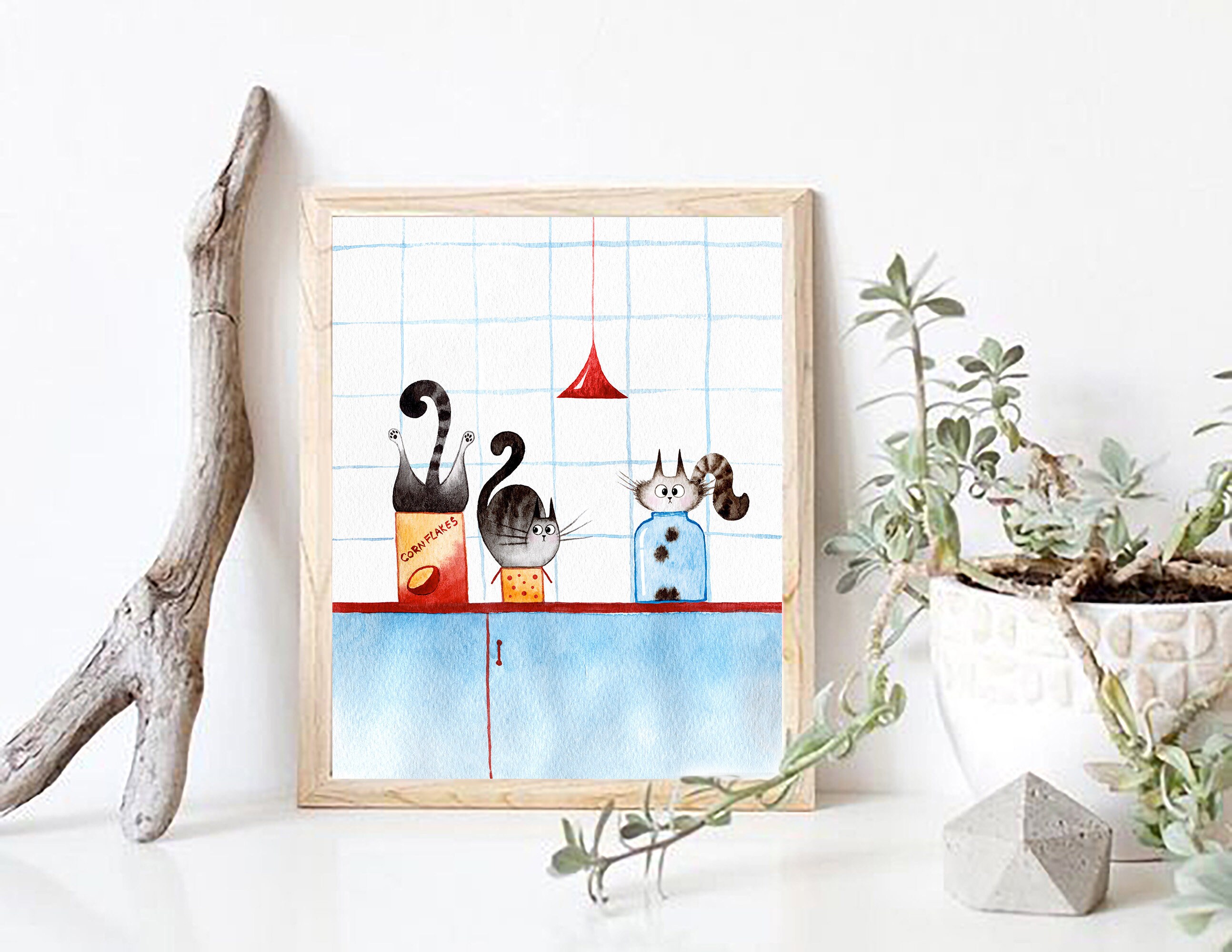 Kitchen Art, Watercolor Cat Painting, Dining Room Decor, Kitchen Poster ...