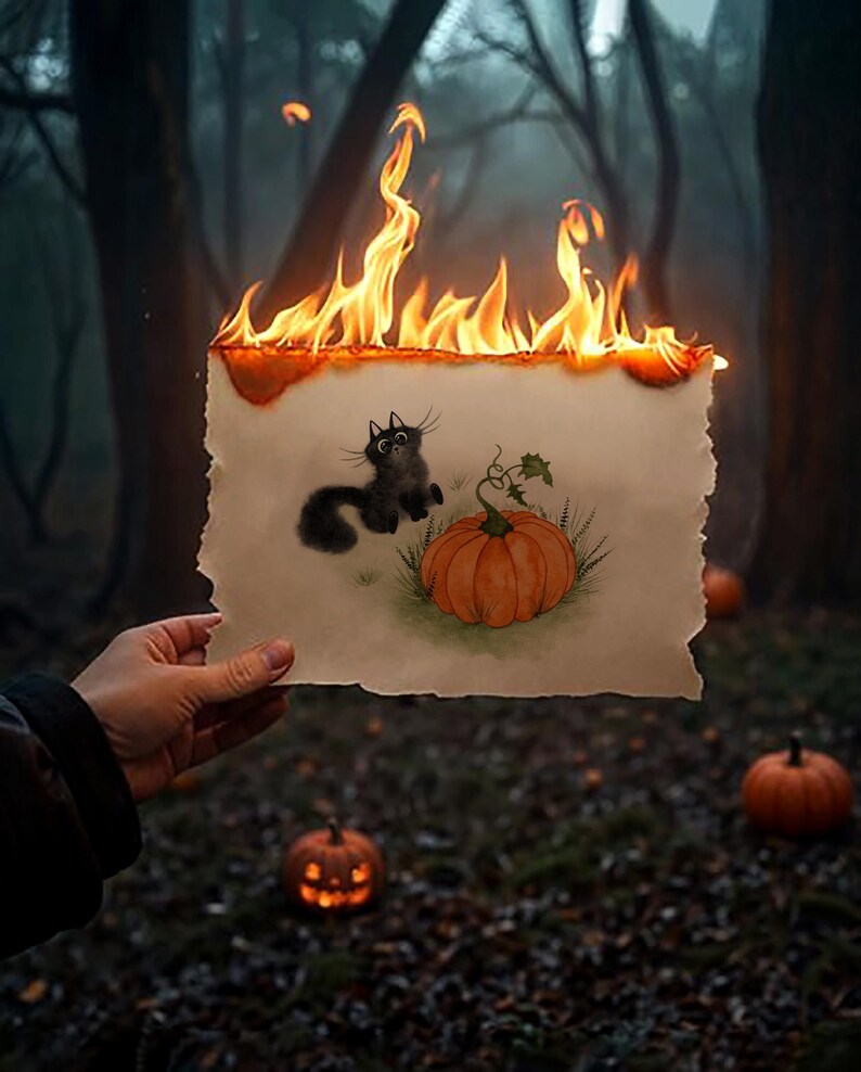Halloween Black Cat, Cute Halloween Card, Watercolor Printable Postcard ...