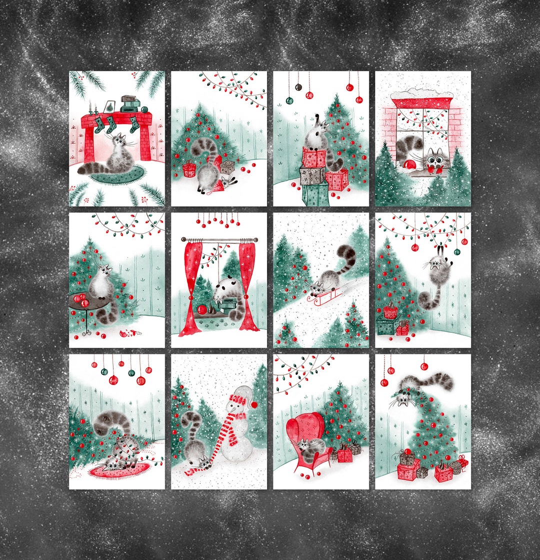 Christmas Cats, Printable Christmas Postcard Set, Funny Chonky Cats ...