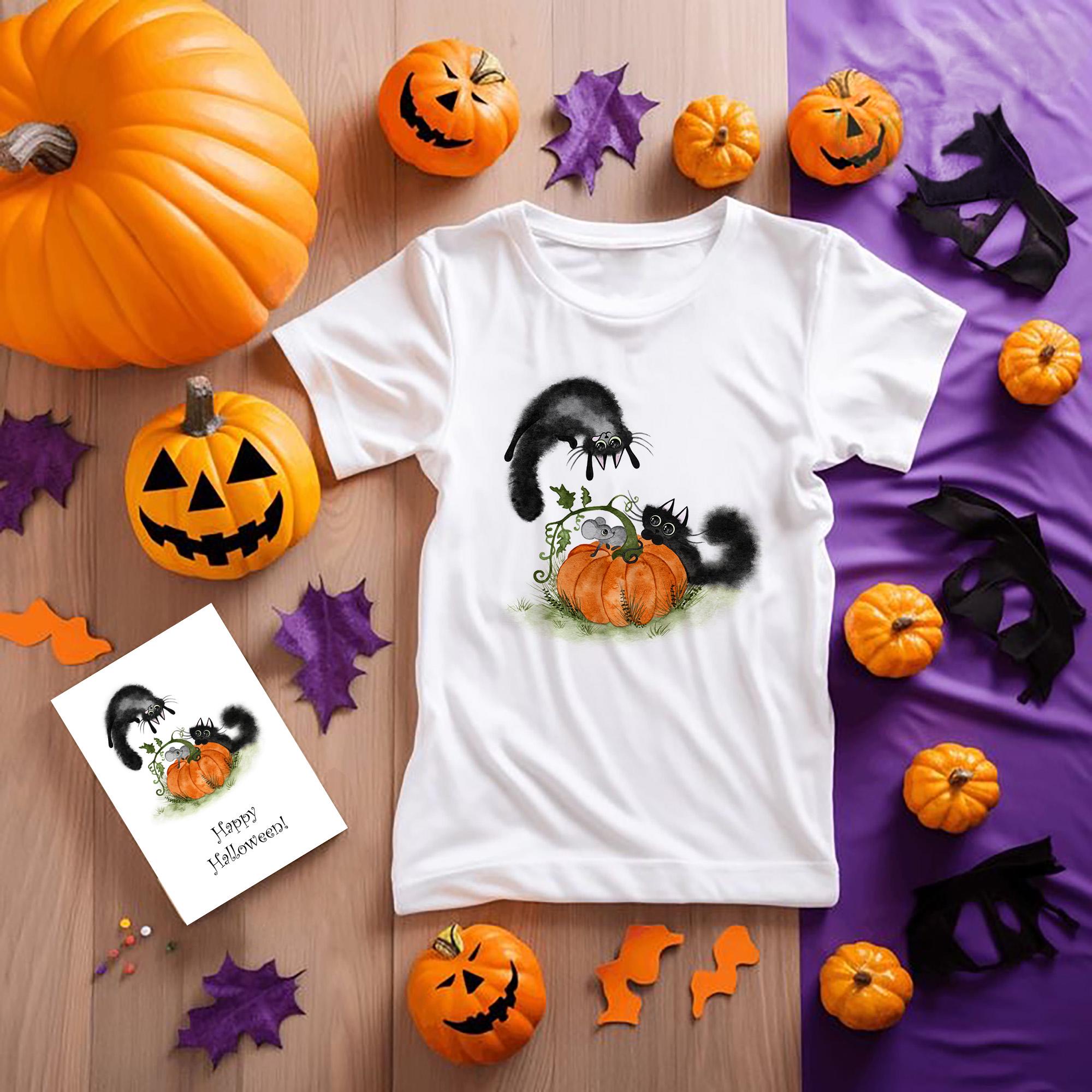 Halloween Black Cats, Cute Halloween Card, Watercolor Printable ...