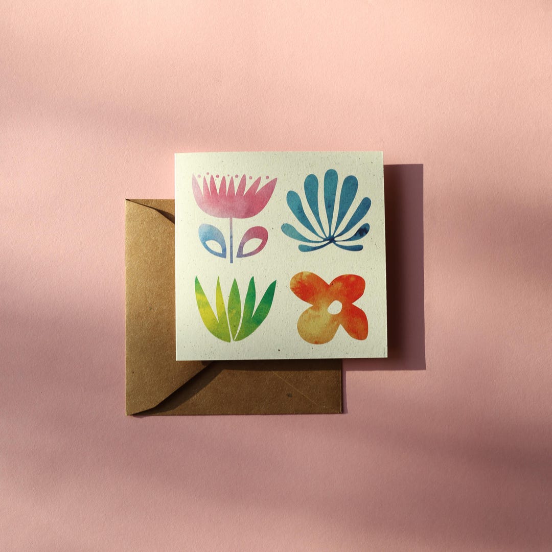 Folded Card With "flowerpower" Watercolor Illustrations in 10 X 10 Cm ...